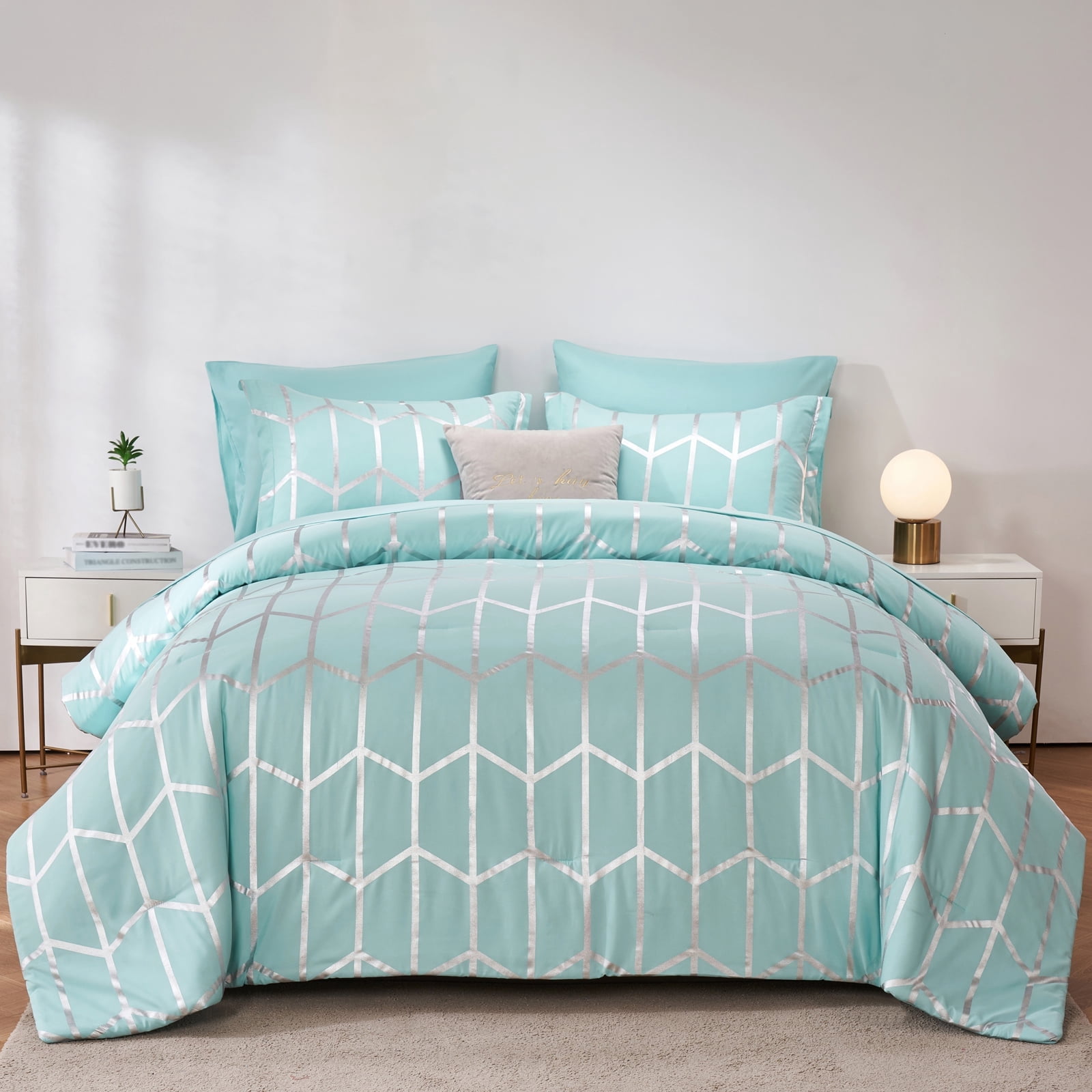 Davulos Blue Queen Comforter Set 7 Pieces,Geometric Luxury Bed in a Bag ...