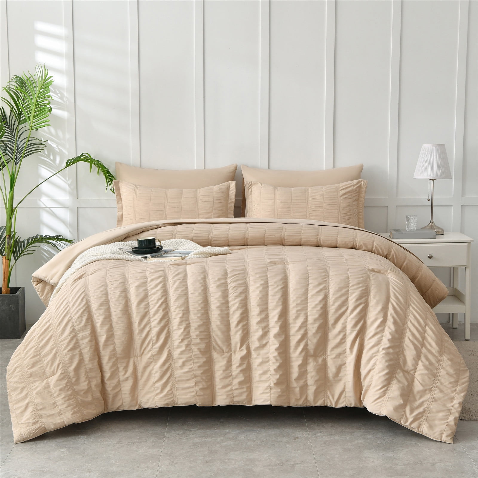 Davulos Comforter Set King Size Beige 7 Pieces Boho Striped Bed in a Bag Shabby Chic Bedding ...