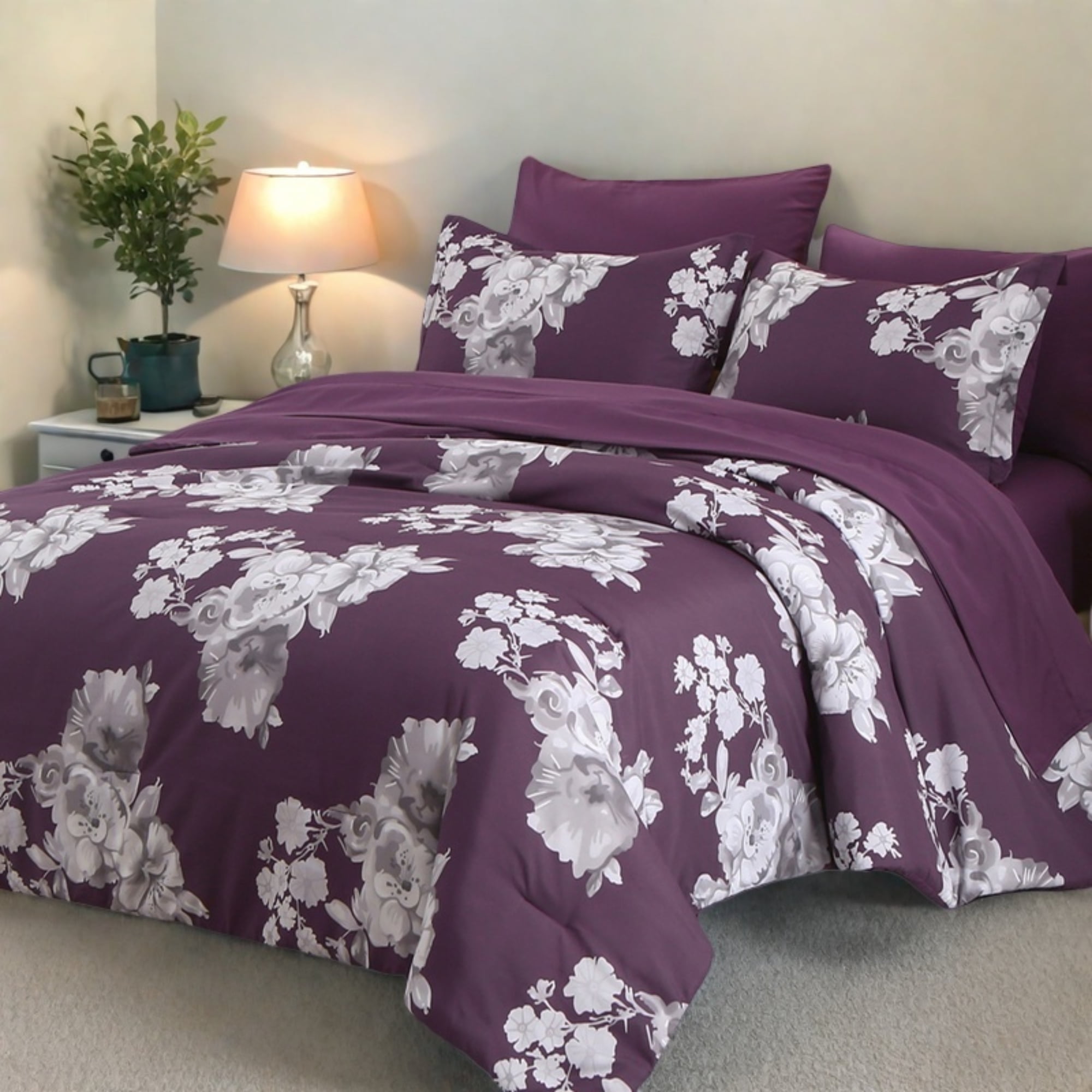 Davulos Comforter Set Queen Size 7 Pieces Flower Pattern Bed in a Bag ...