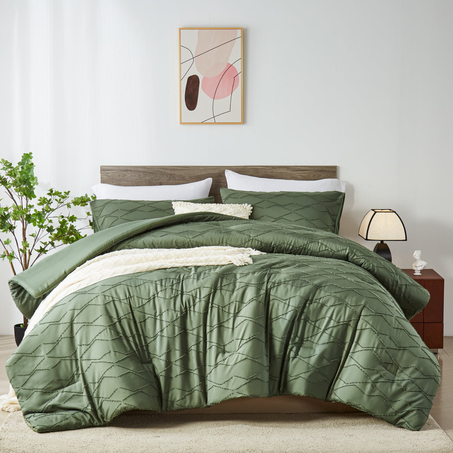 Davulos Dark Green Comforter Set Queen Size 3 Pieces Boho Tufted Shabby ...