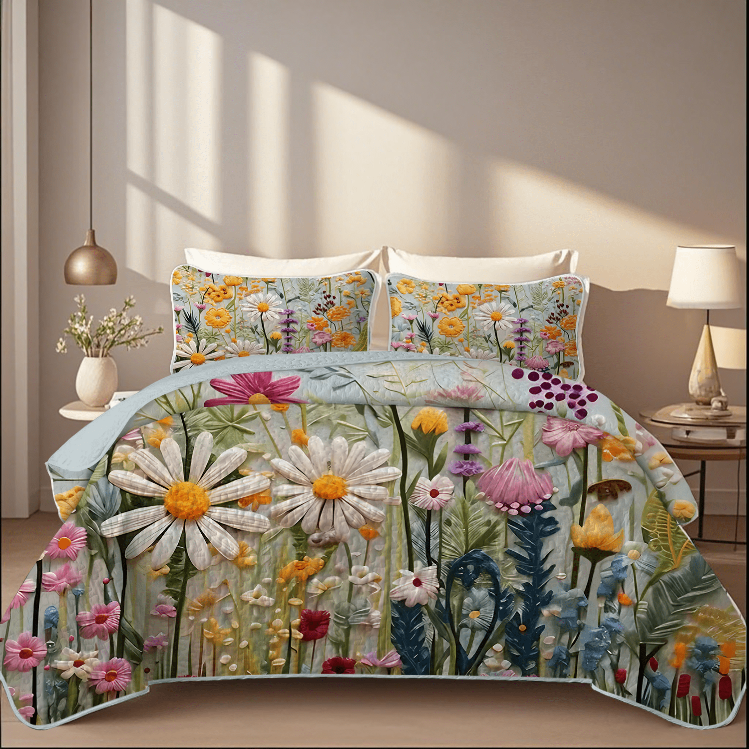 Davulos Floral Quilt Set Queen Size Reversible Quilt Bedding Set 3 ...