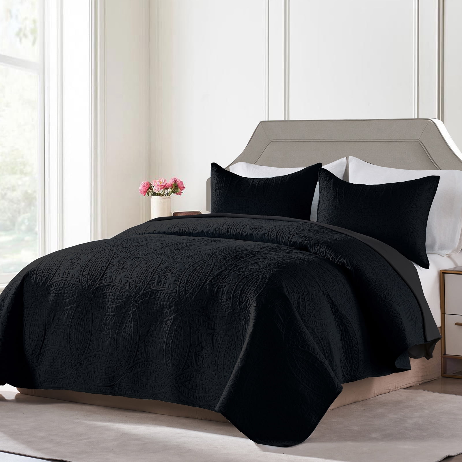 Davulos Full/Queen Quilt Set Black, Ultrasonic Embossed Bedspread ...