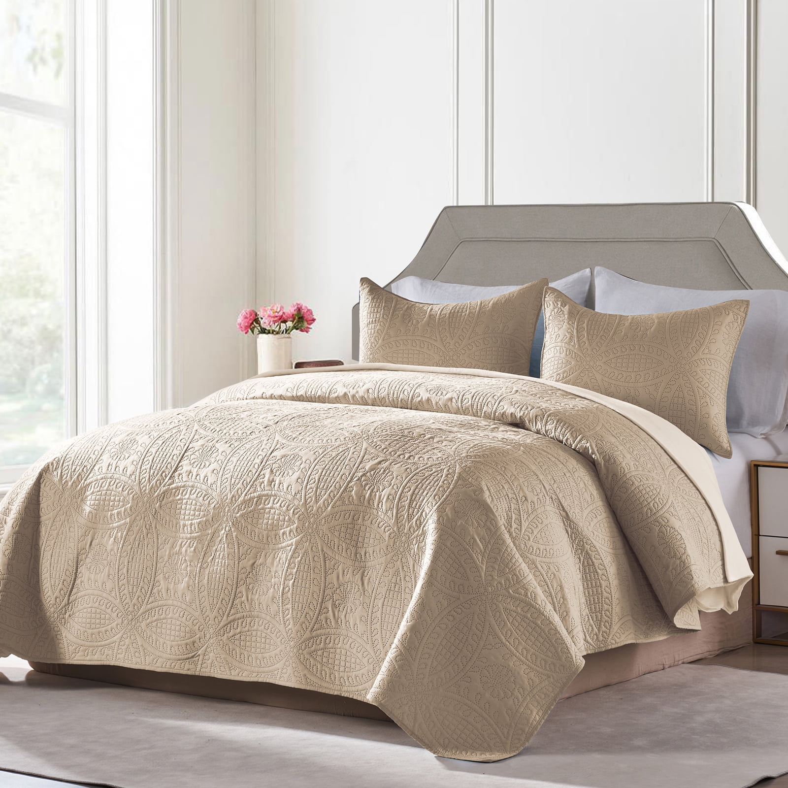 Davulos Full/Queen Quilt Set Khaki, Ultrasonic Embossed Bedspread ...