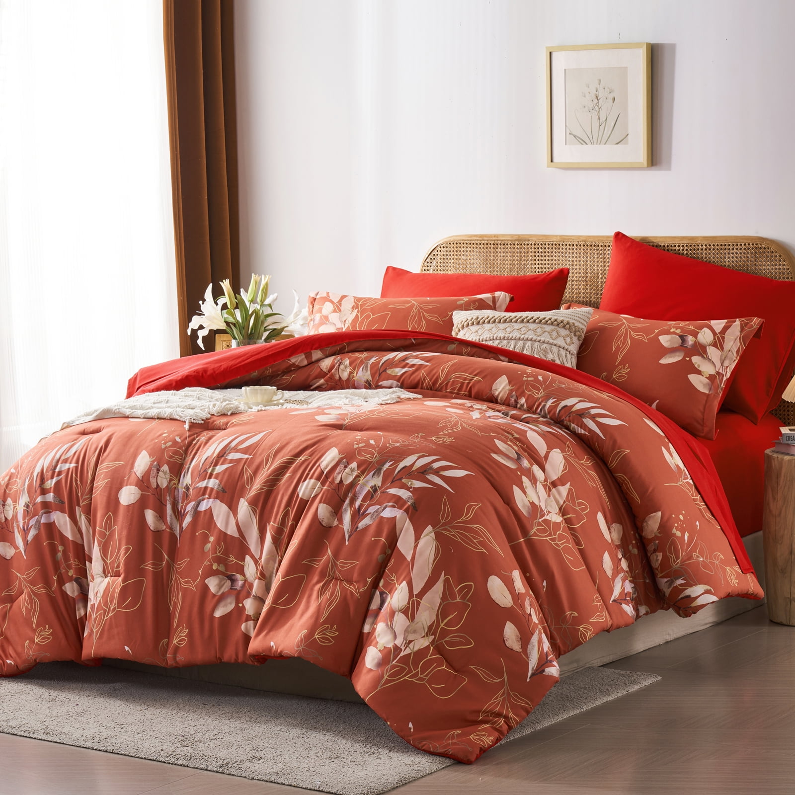 Davulos Full Size Comforter Set Orange 7 Pieces Floral Soft Bed Sets ...