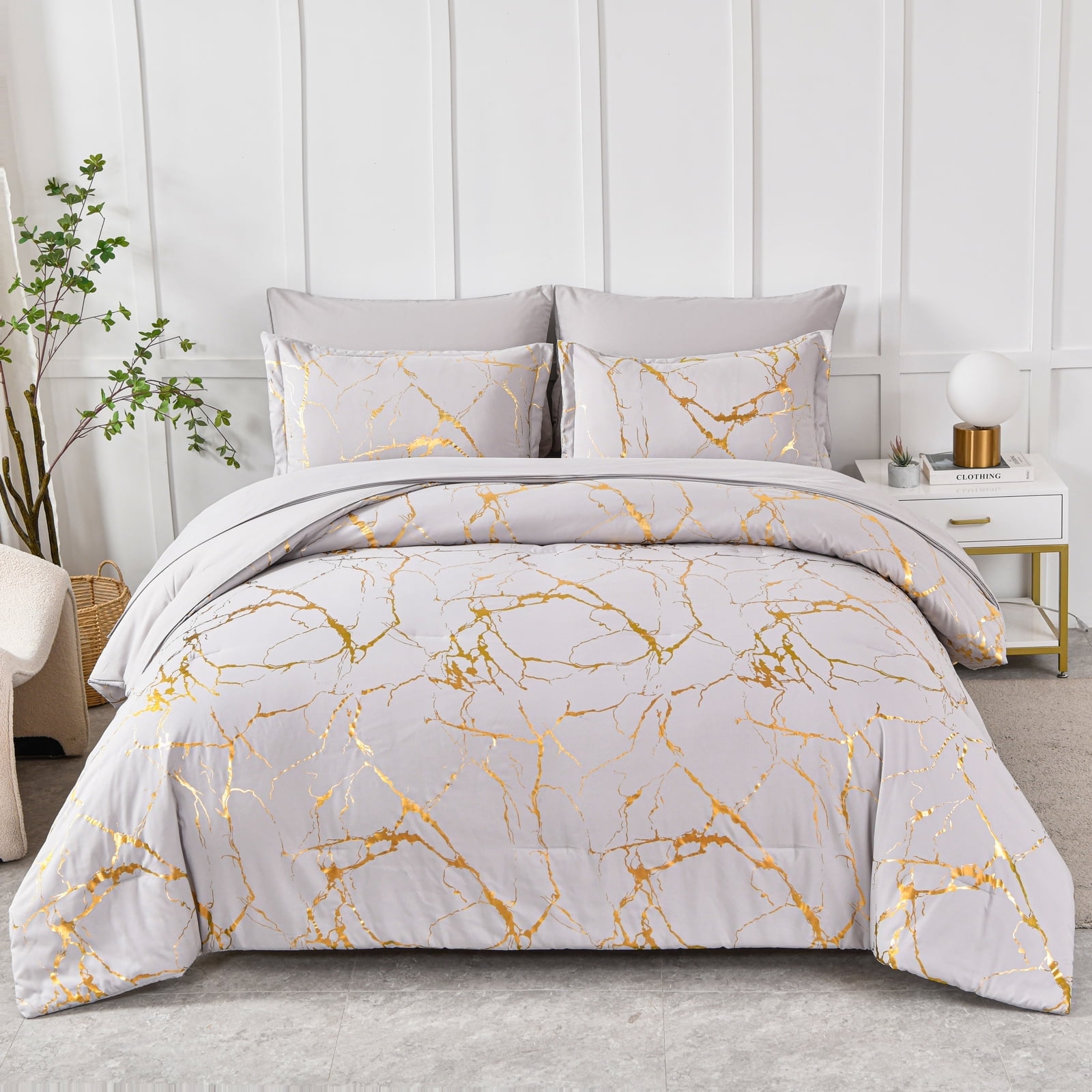 Davulos Gold Metallic Marble Comforter Set Queen Size,7 Piece Bed in a Bag,Foil Print Glitter ...