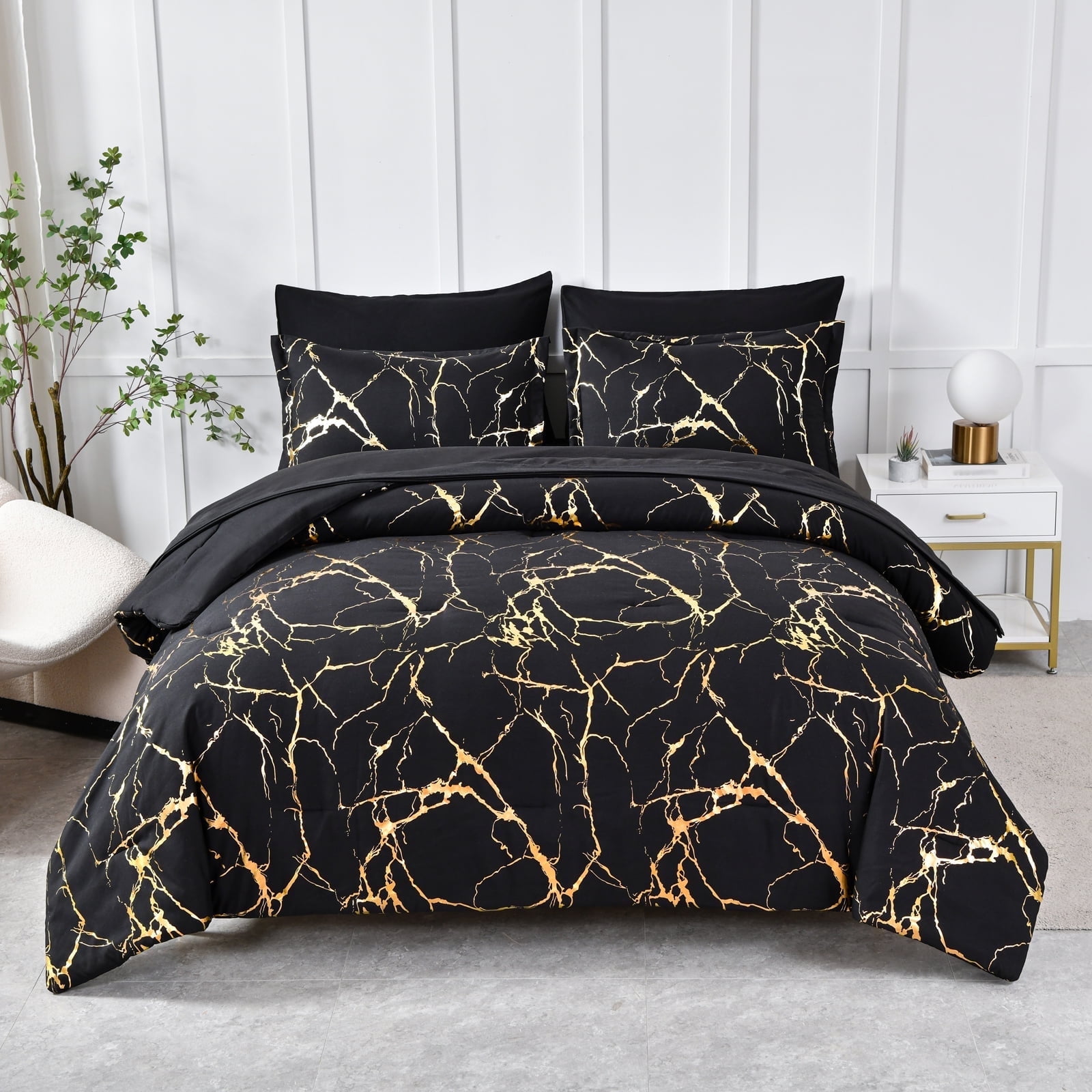 Davulos Gold Metallic Marble Comforter Set Queen Size,7 Piece Bed in a ...