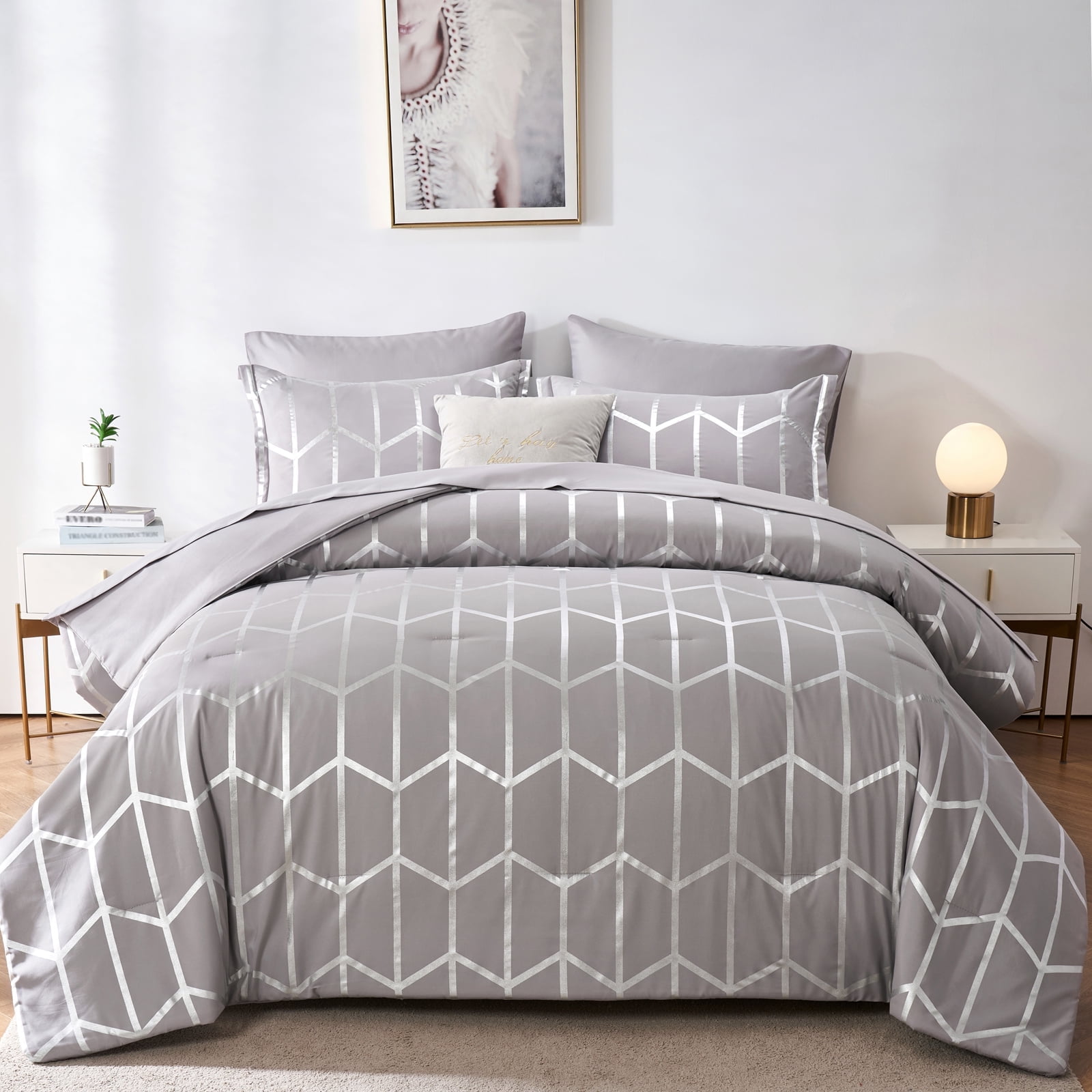 Davulos Grey Queen Comforter Set 7 Pieces,Geometric Luxury Bed in a Bag ...