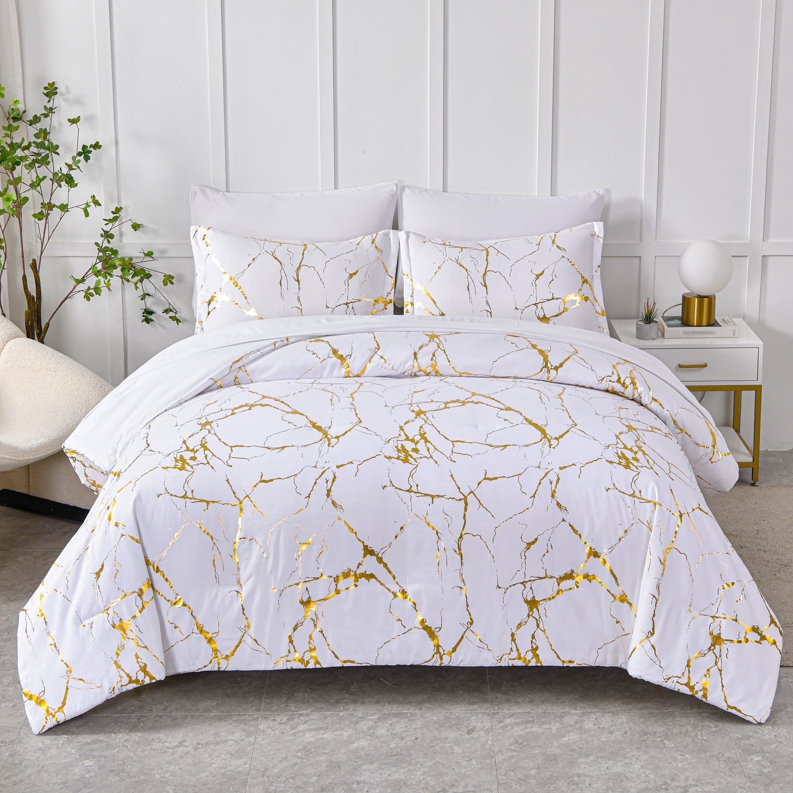 Davulos King Size Comforter Set ,Gold Metallic Marble 7 Piece Bed in a ...
