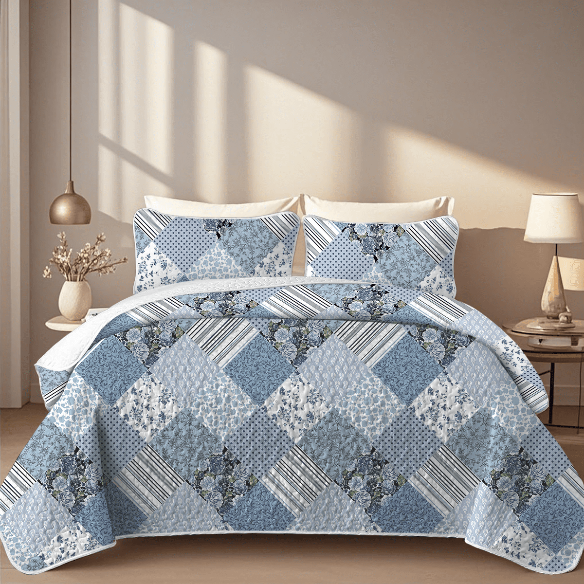 Davulos Patchwork Quilt Set Twin Size,2 Pieces Blue Floral Plaid Design ...