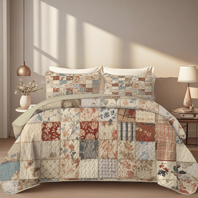 Davulos Plaid Floral Patchwork Quilt Set Queen Size,3 Pieces Soft Microfiber Summer Bedspread ...