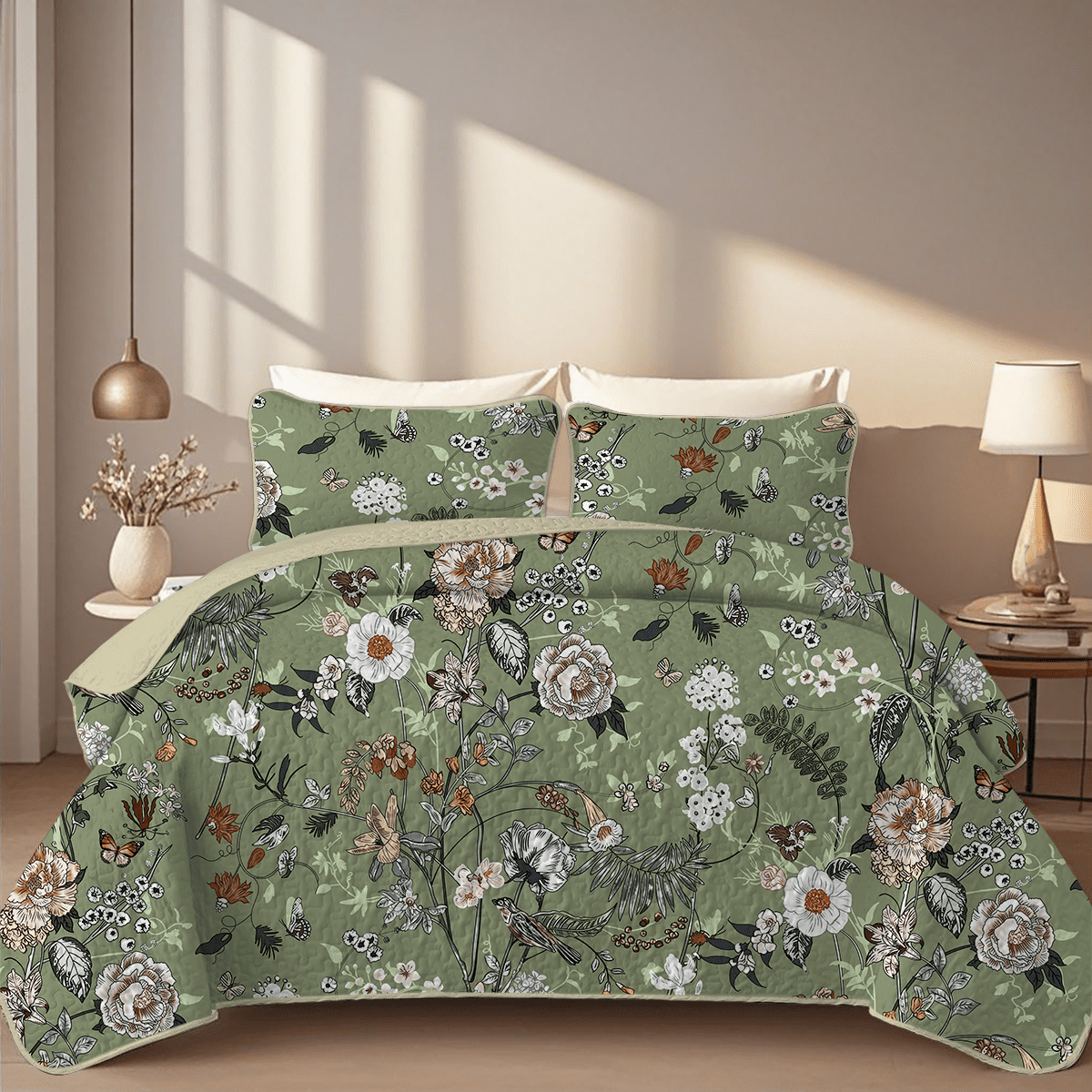Davulos Quilt Set Full Queen Size,3 Pieces Floral Print Bedding Set for ...