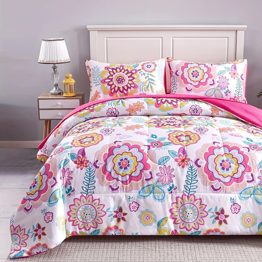 Davulos Twin Comforter Set , 4 Pieces Twin Bed in a Bag Flower Pattern ...