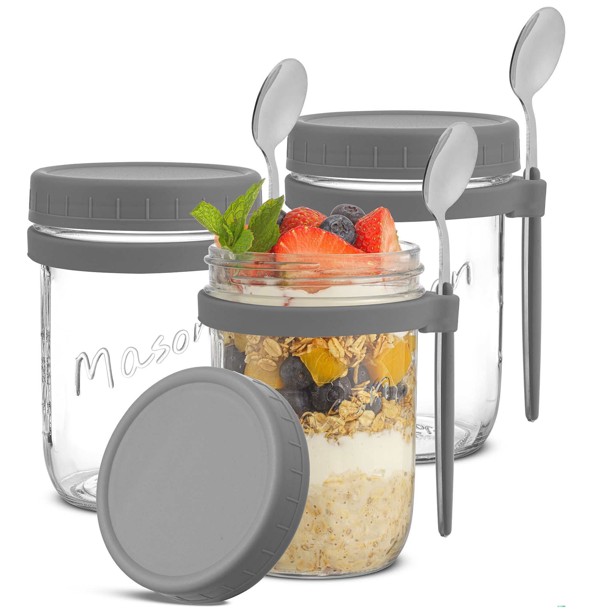JoyJolt Grey Glass Overnight Oats Containers Set of 3 16oz Food Storage ...