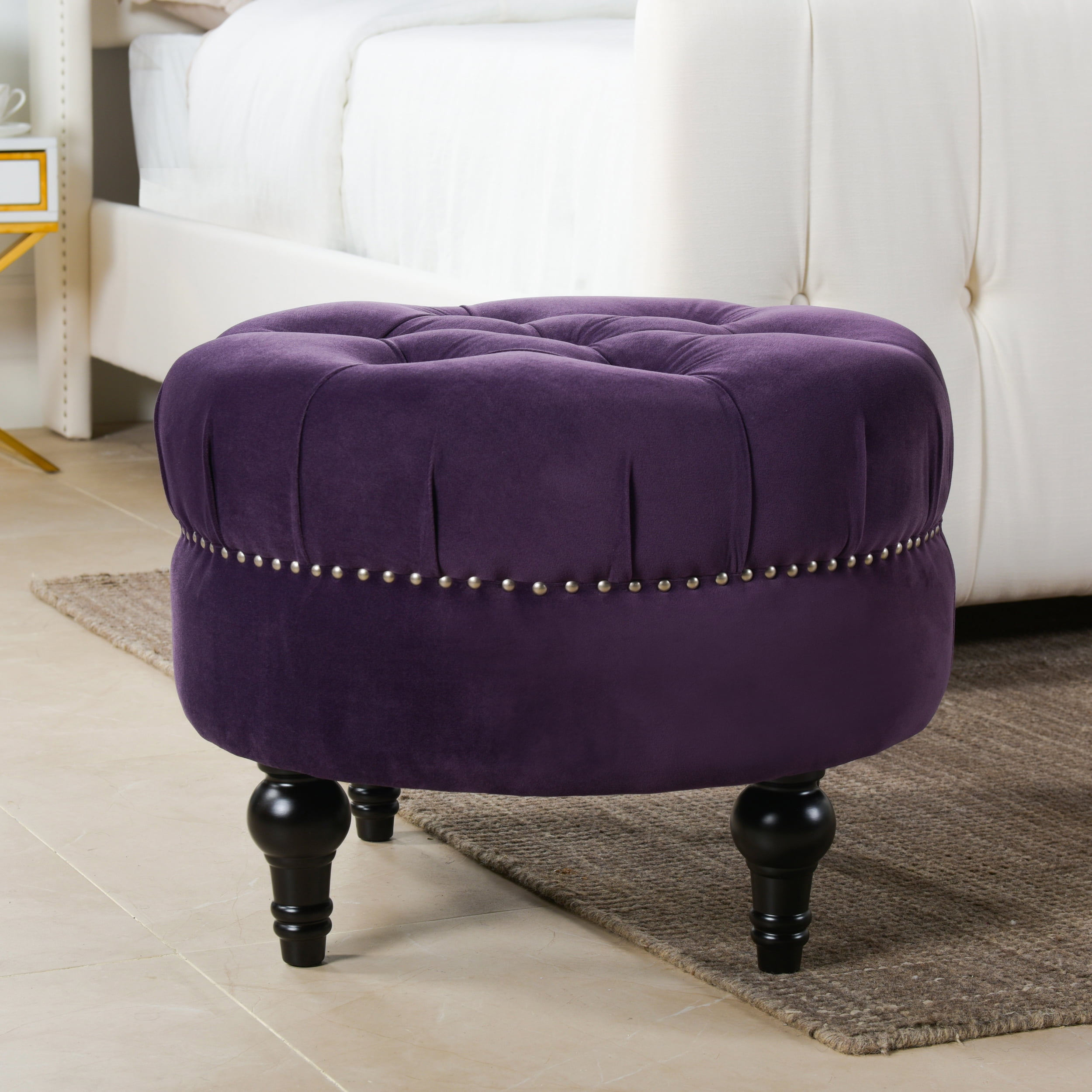 Dawn Tufted Round Ottoman Nailhead Accents,Purple Velvet,Purple Velvet ...