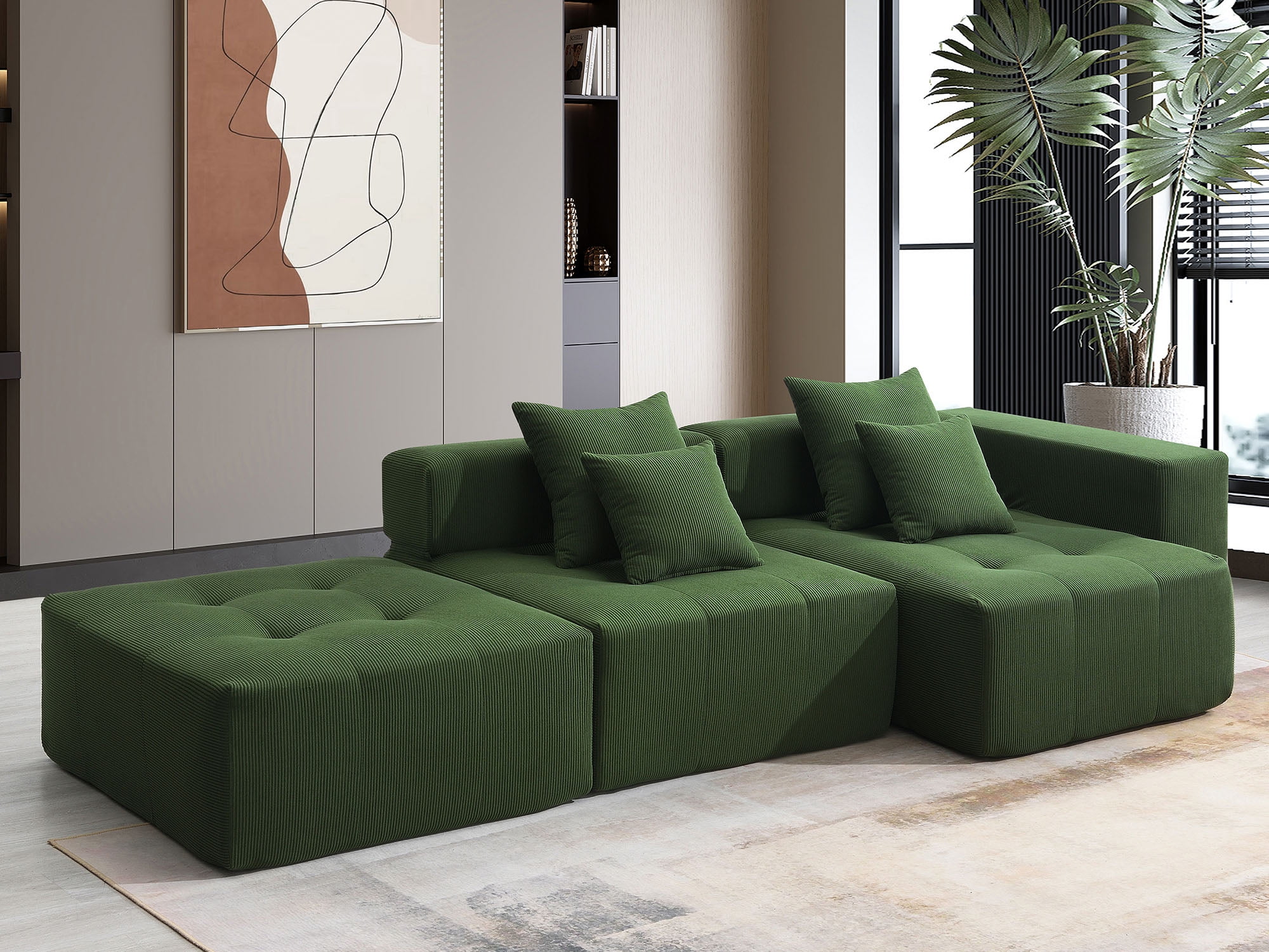 Dawn Whisper 105.5" L-Shaped Minimalist Corduroy Sectional Sofa, No Assembly Required, Green ...