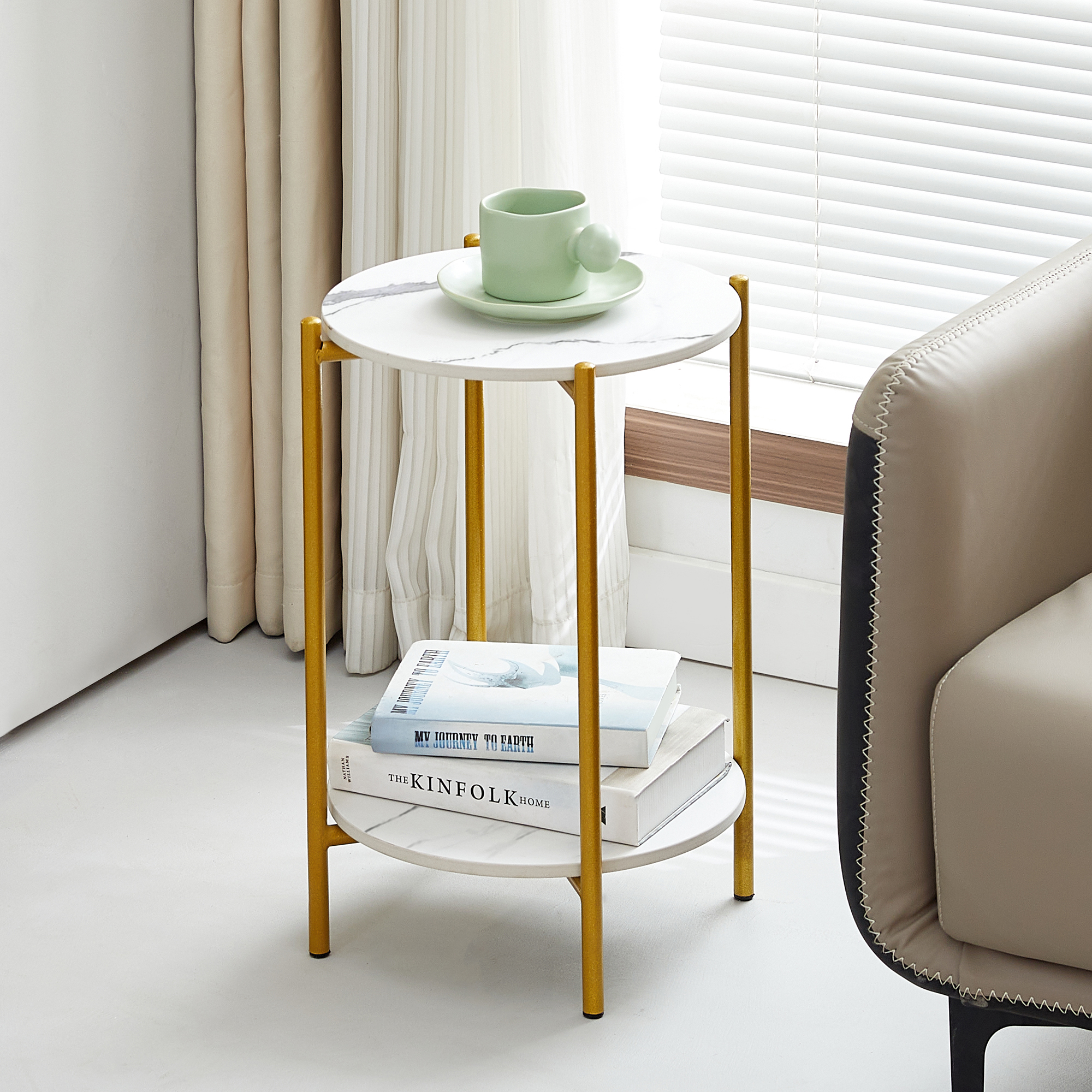 Dawn Whisper 2-layer End Table with Whole Marble Tabletop, Round Coffee ...