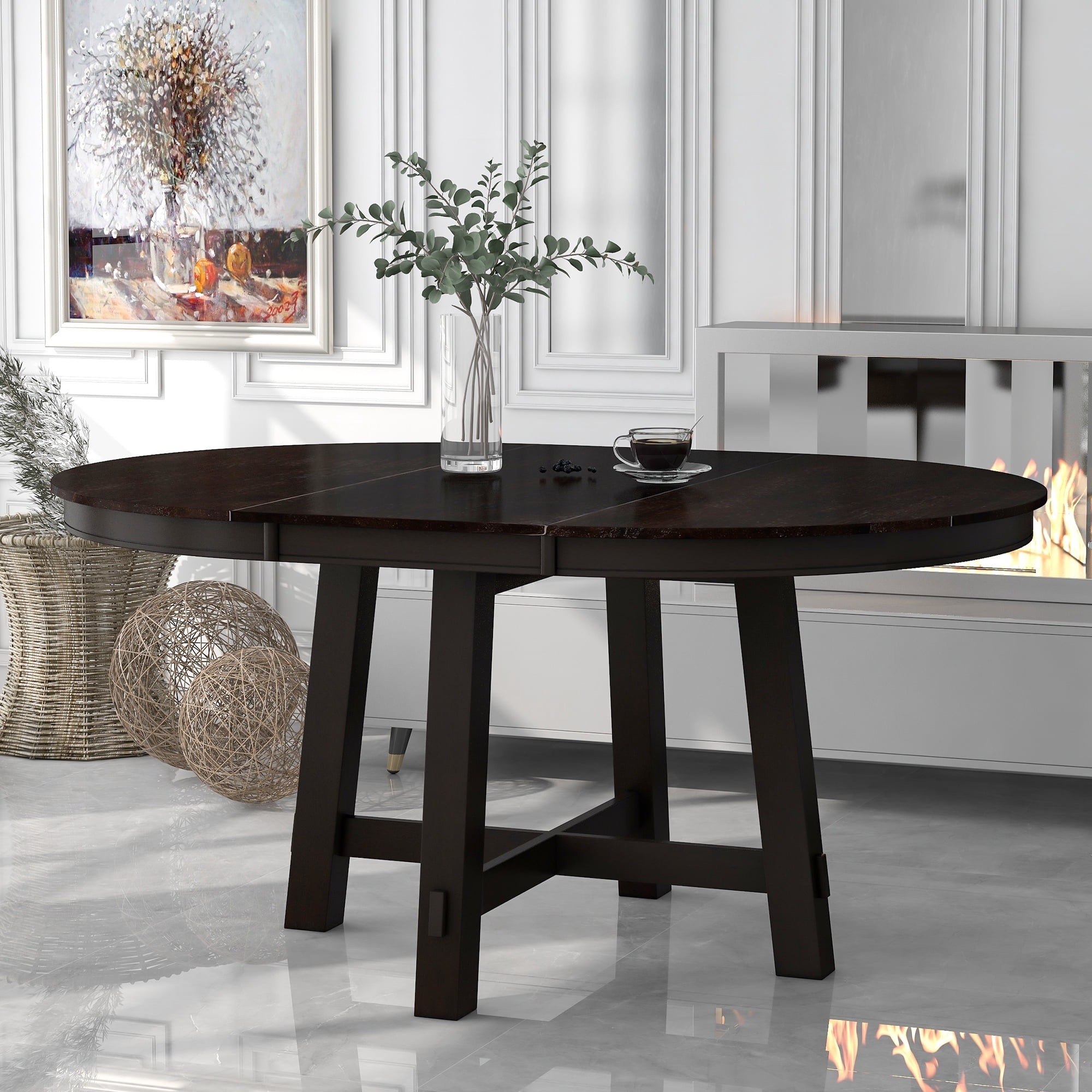 Dawn Whisper Farmhouse Round Extendable Dining Table with 16" Leaf Wood ...