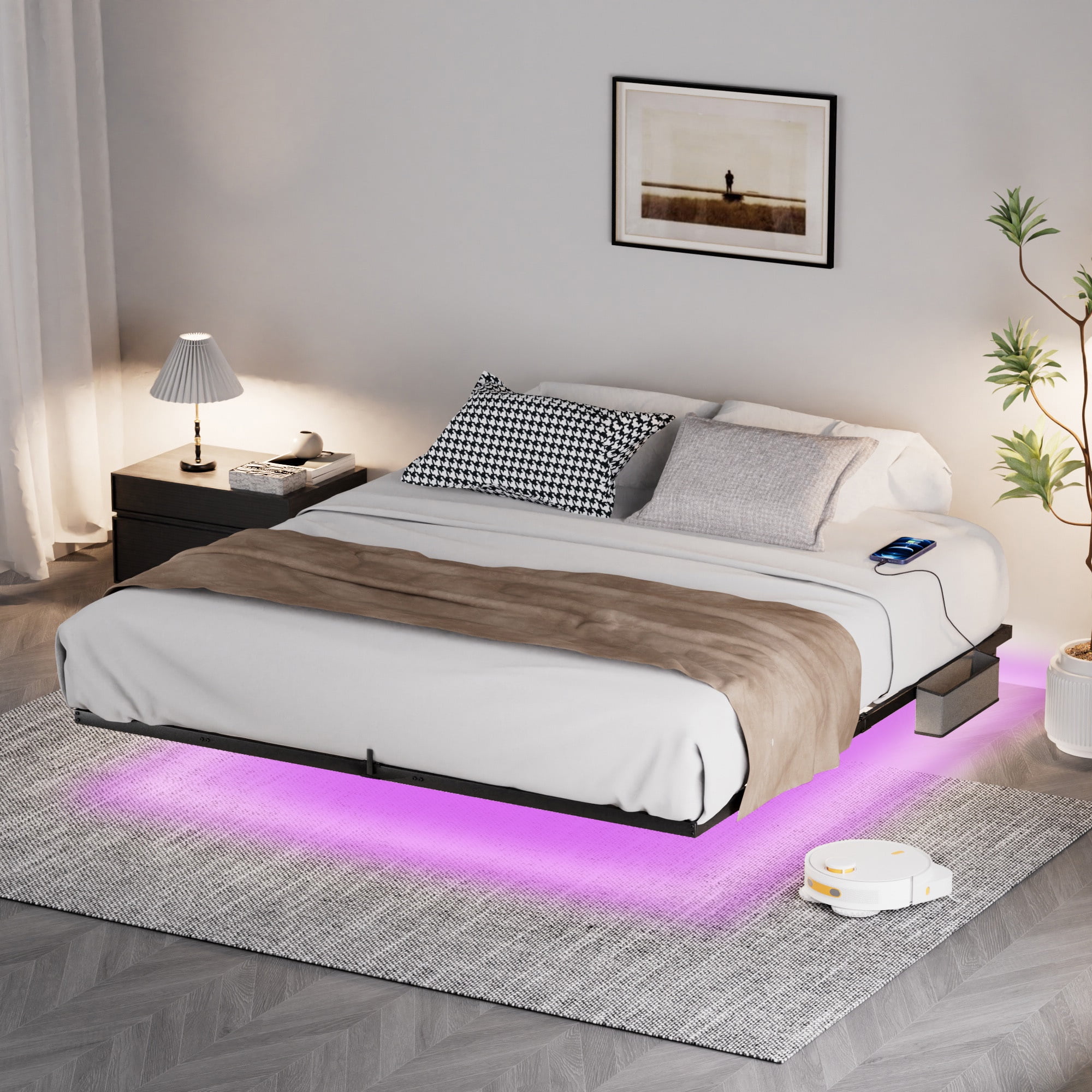 Dawn Whisper Floating Bed Frame King Size with LED Lights and Charging ...
