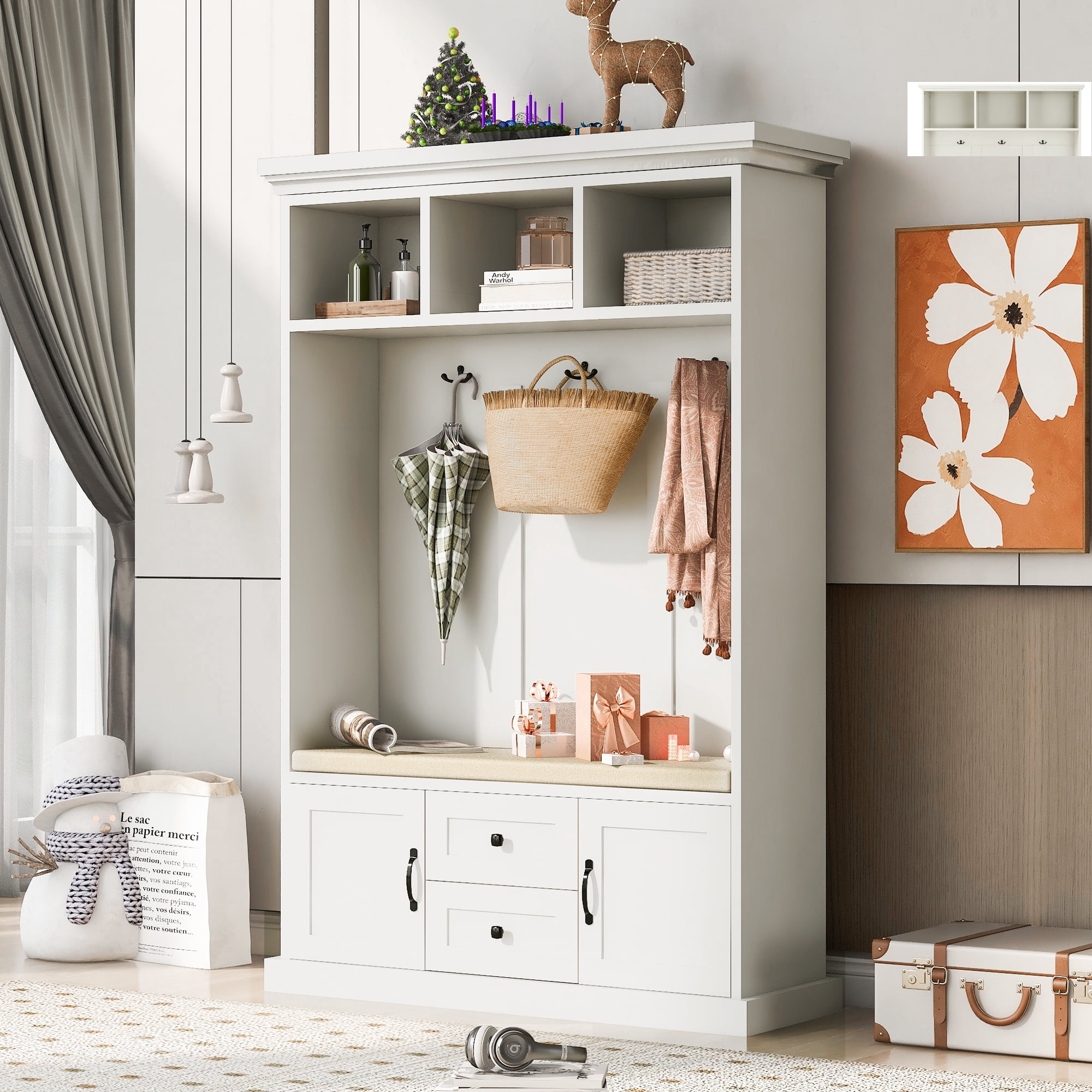 Dawn Whisper Hall Tree with 3 Hooks, Coat Hanger, Entryway Bench ...