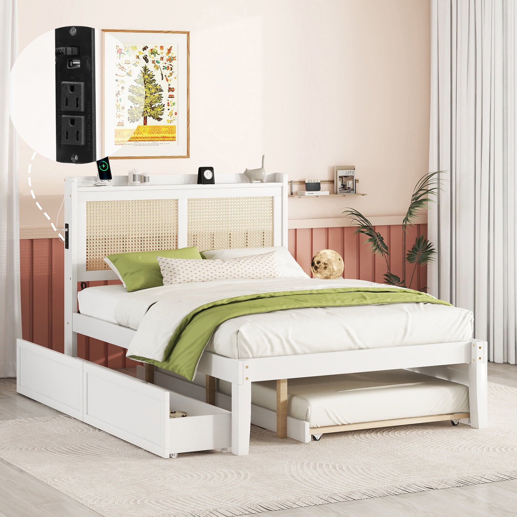 Dawn Whisper Queen Size Elegant Bed Frame with Rattan Headboard and ...