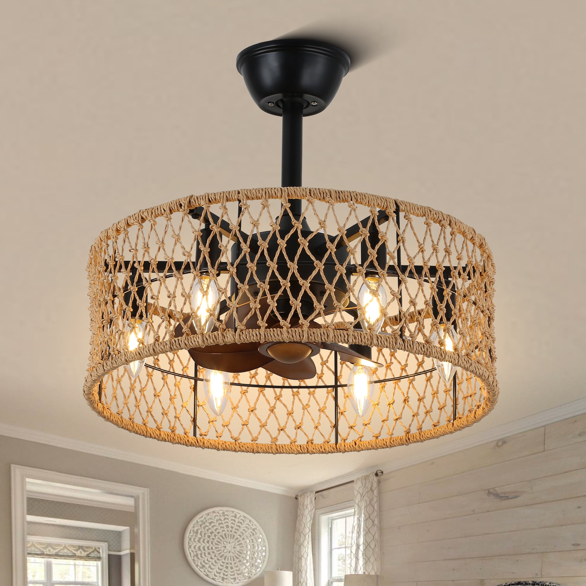 Dawn Whisper Rustic Farmhouse Rattan Ceiling Fan Wooden Woven Cage ...