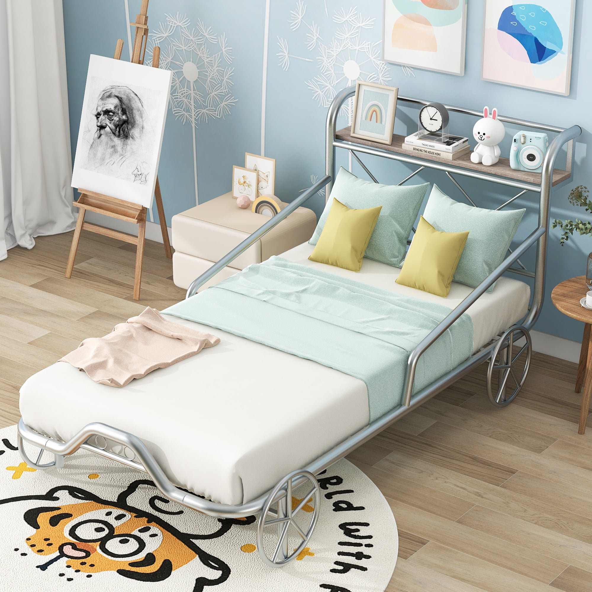 Dawn Whisper Twin Size Metal Car Bed with Four Wheels, Guardrails and X ...