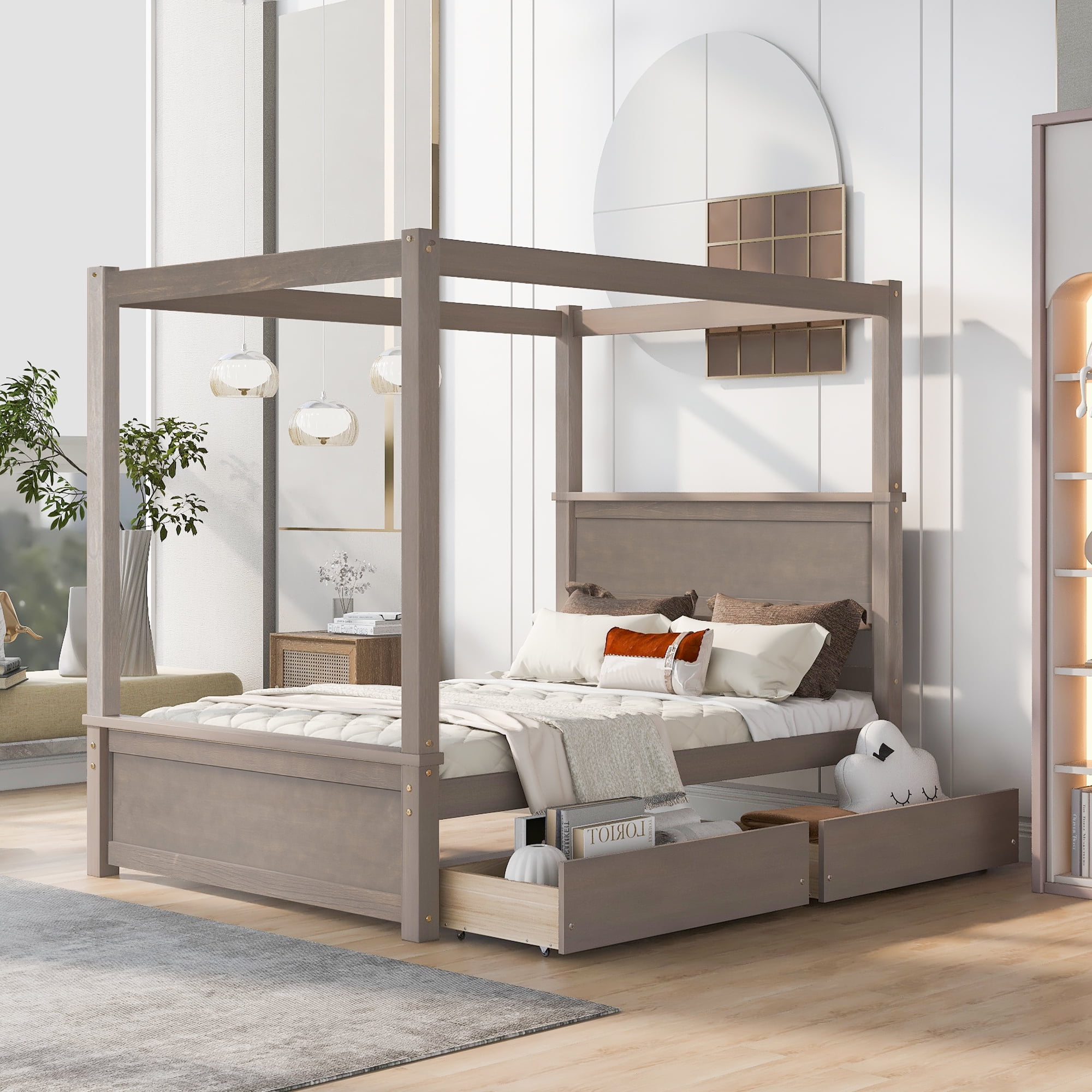 Dawn Whisper Wood Canopy Bed with Two Drawers, Full Size Canopy ...