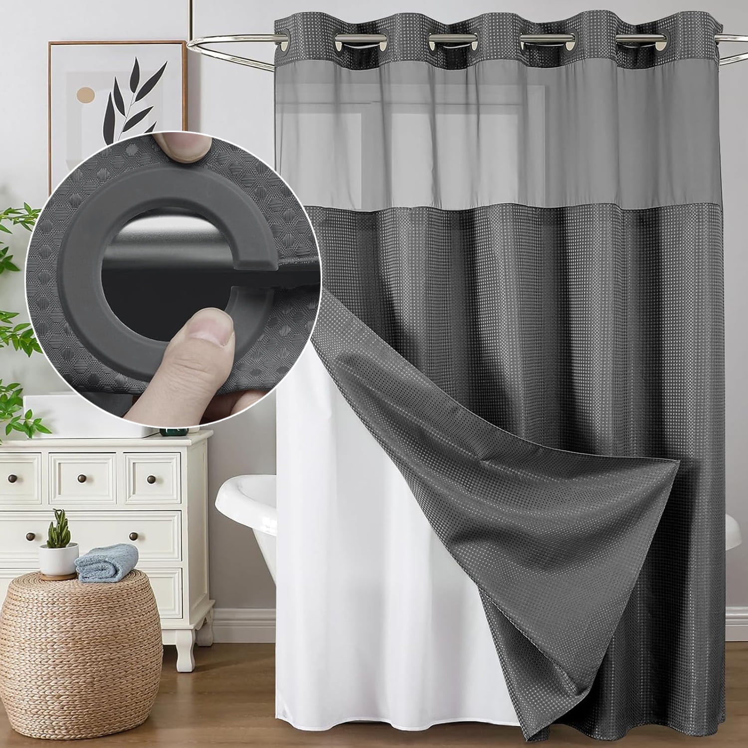 DawnJoanHD No Hook Shower Curtain with Snap in Fabric Liner, Waffle ...
