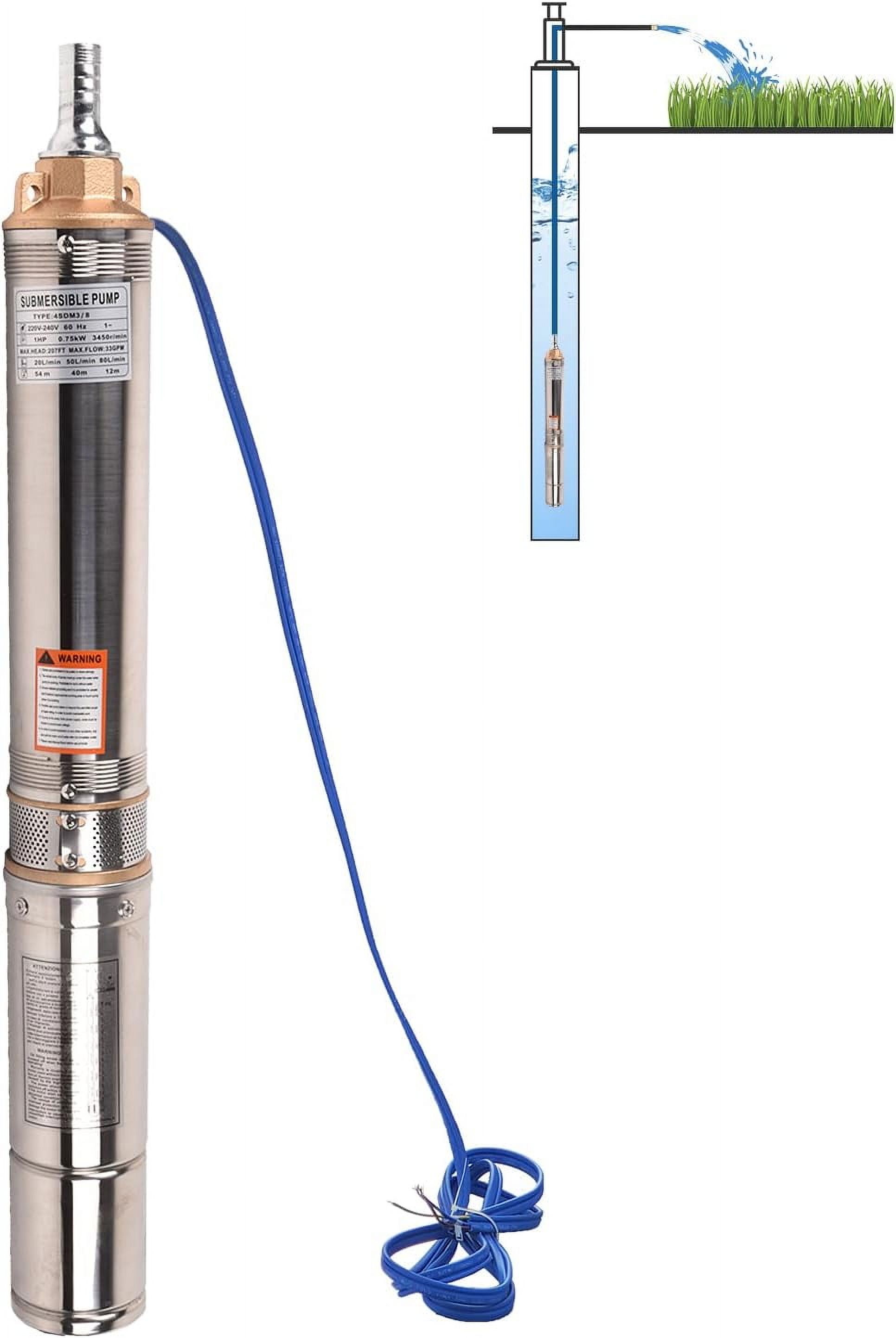 Dawot 1HP Deep Well Pump, 220V/60Hz, 33GPM, 207ft Head Submersible Well ...