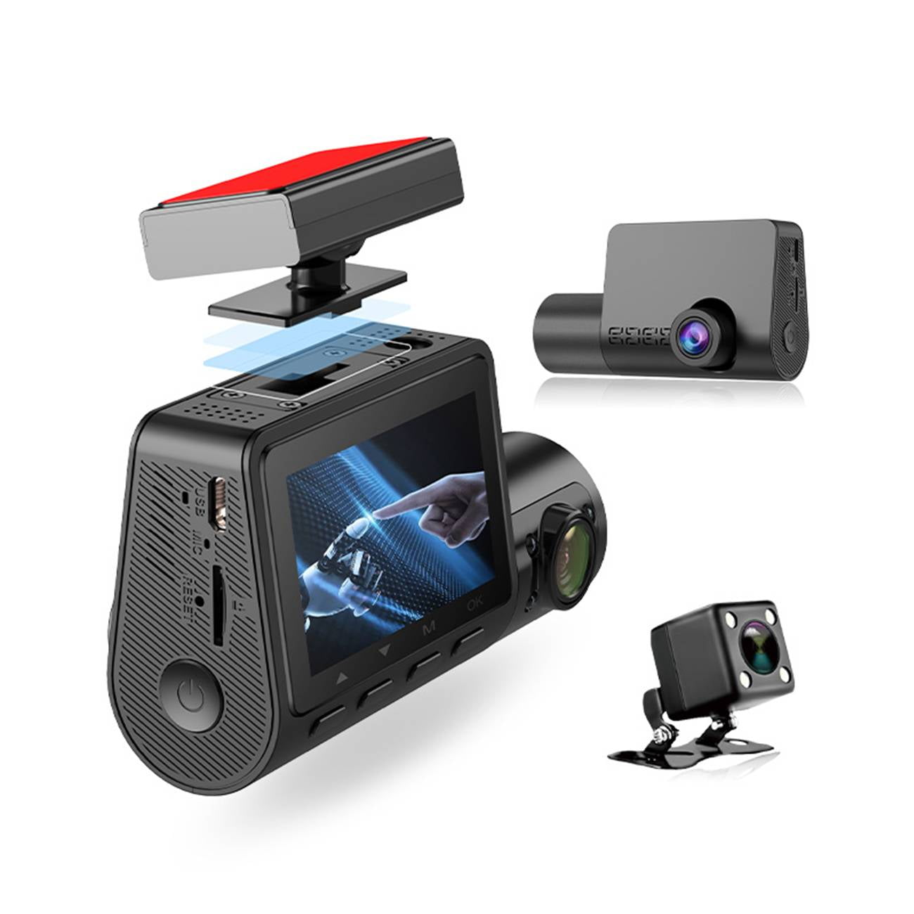 Dawot 3 Channel Dash Cam for Car, 1080 + 1080 + 480p Three Lenses Wide ...