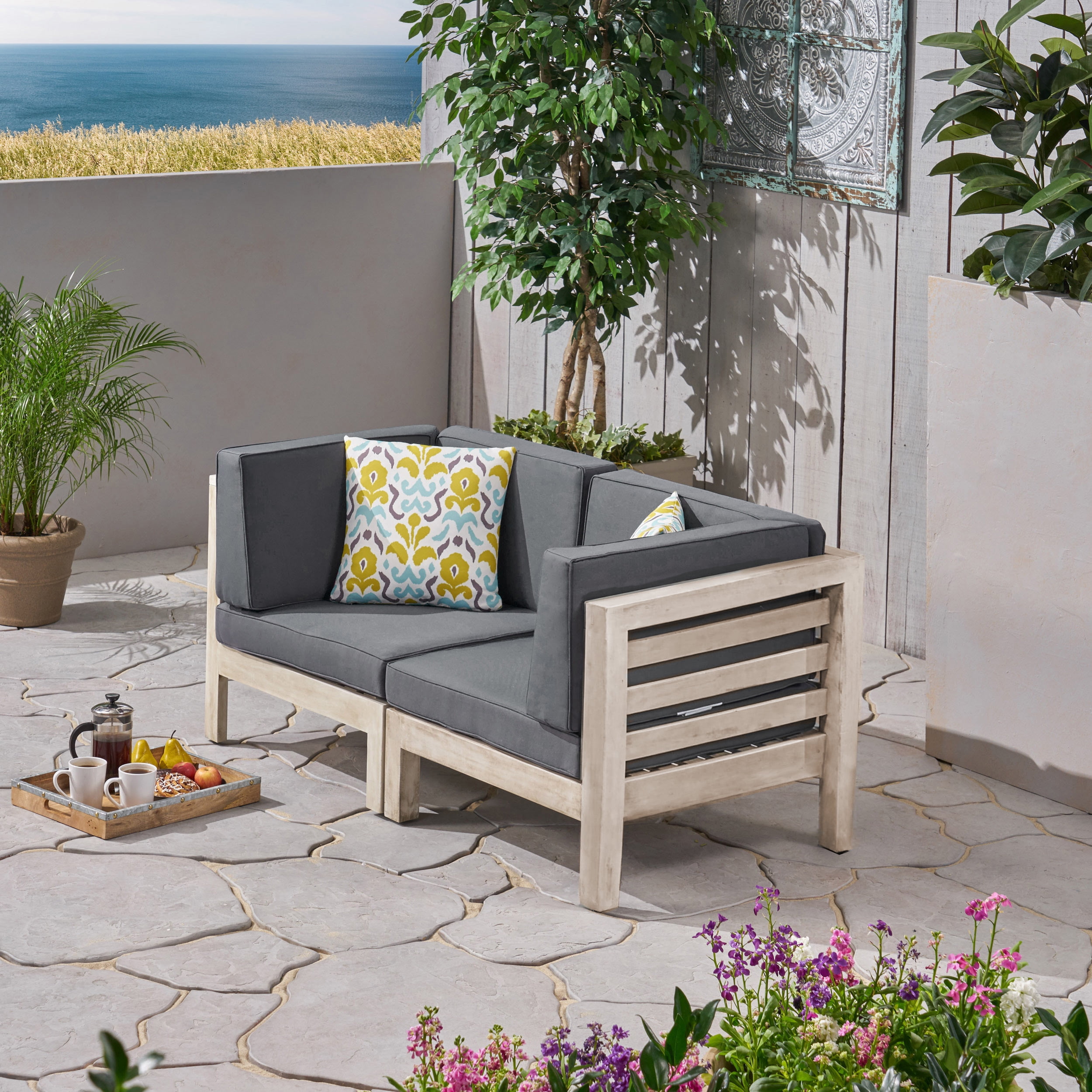 Dawson Outdoor Modular Acacia Wood Loveseat with Cushions, Weathered ...