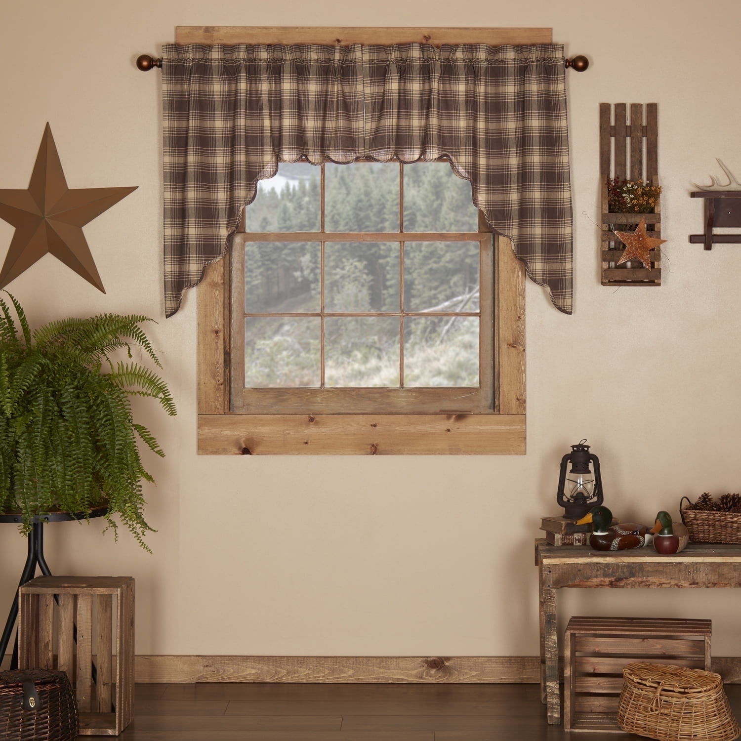 Rustic Swag Set Dawson Star Scalloped Brown Plaid Country Kitchen ...