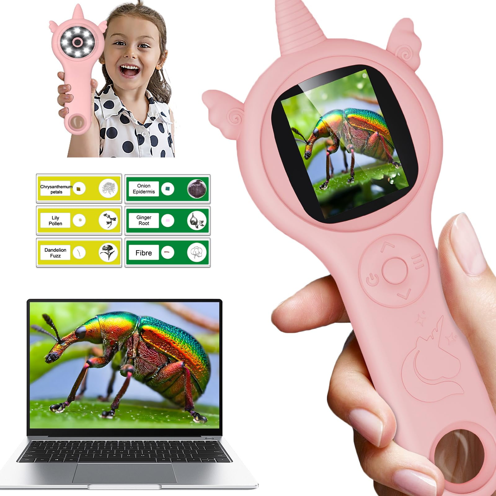 Daxiongmao Microscope for Kids, 4X Handheld Kids Microscope with 8 ...