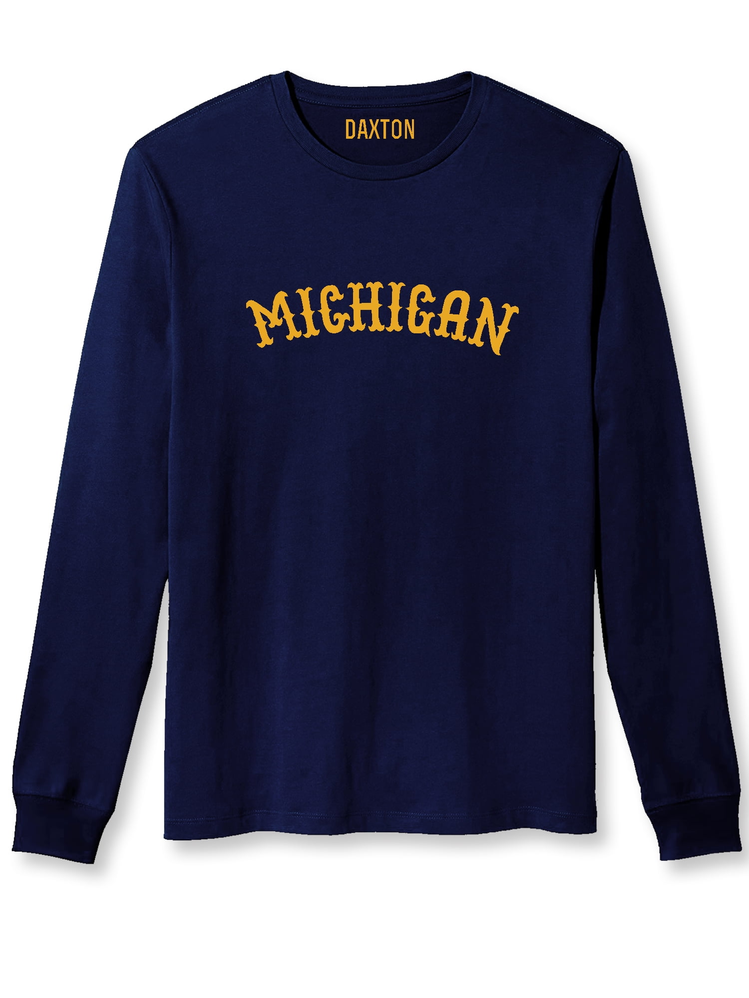 Daxton Retro Michigan Arch Font Long Sleeves T Shirt Soft Medium Weight Cotton, Navy Tee Gold ...