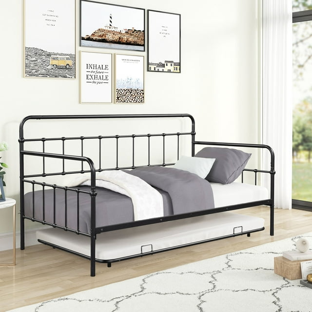 Day Bed with Trundle Bed Twin, Metal Daybed Frame Premium Steel Slat ...