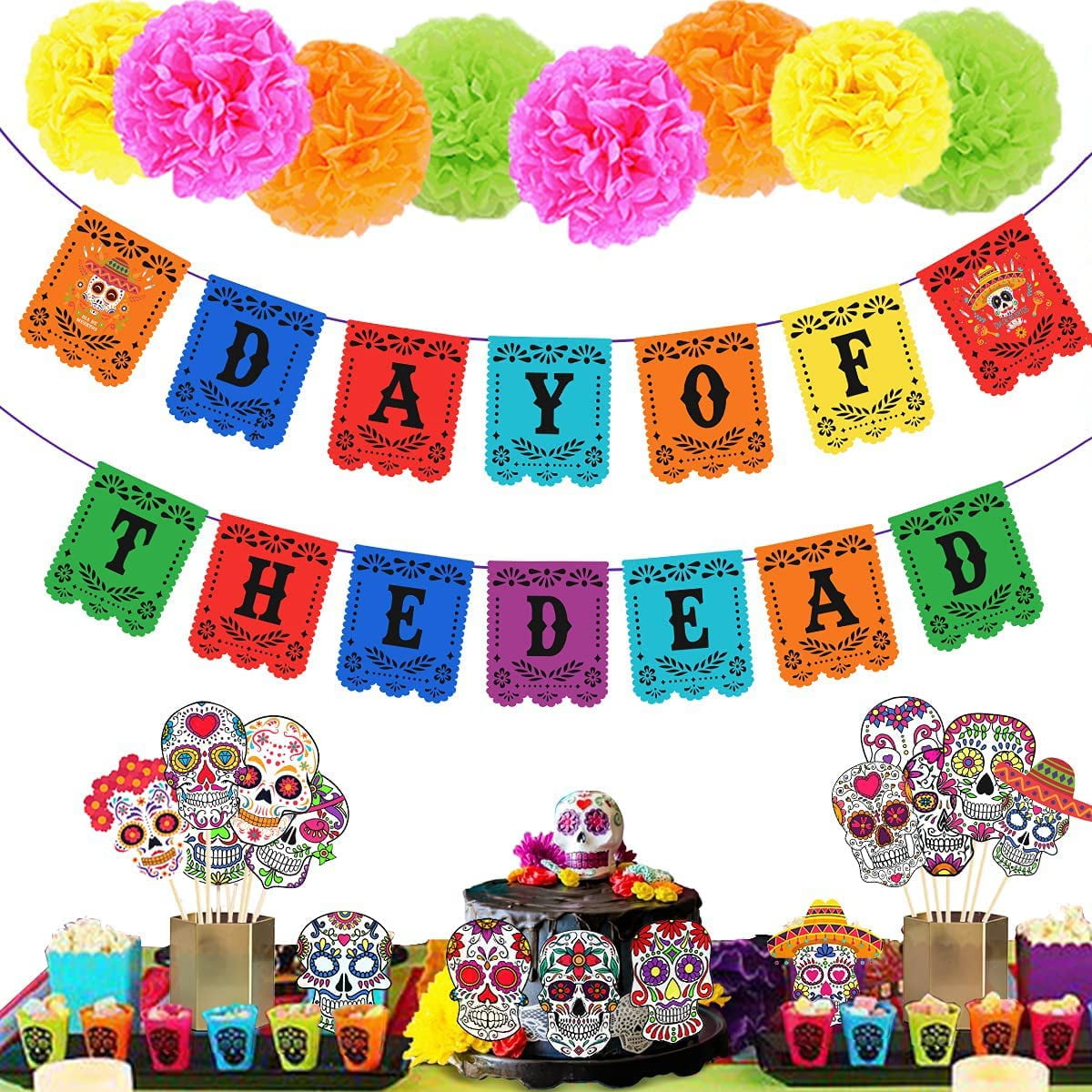 Dia De Los Muertos Decor: Banner, 20 Cutouts, 8 Pom Poms, Halloween ...