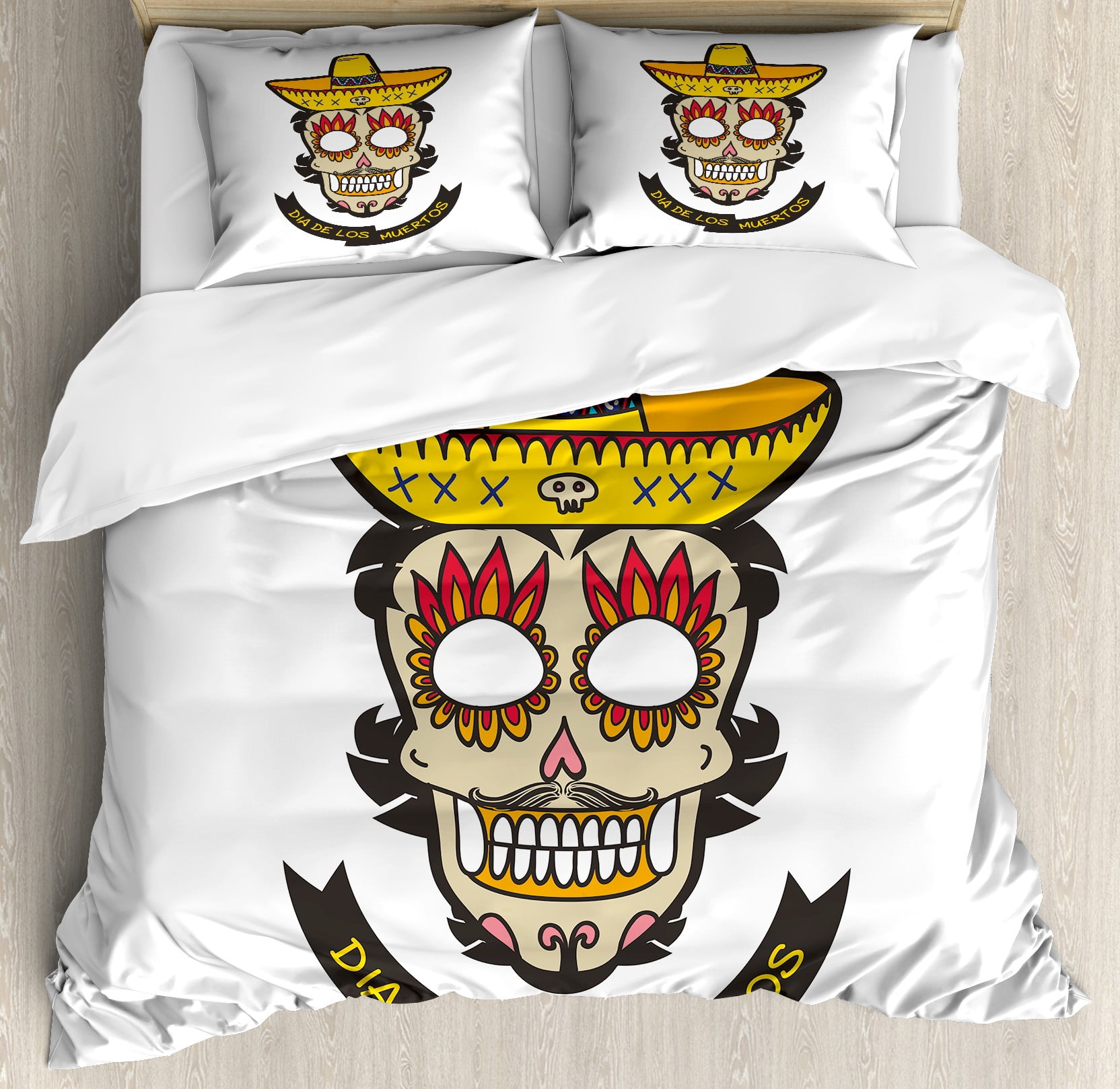 Day of the Dead Duvet Cover Set, Colorful Skull with Sombrero and ...