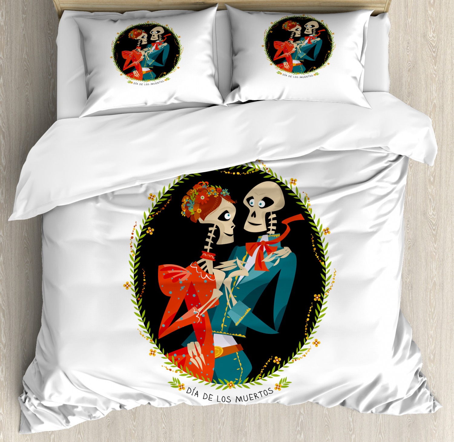 Day of the Dead Duvet Cover Set King Size, Skeleton Couple in Love Oval ...