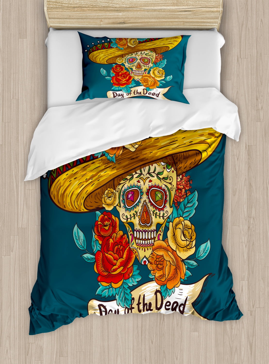 Day Of The Dead Duvet Cover Set Twin Size, Mexican Festive Hat Skull ...