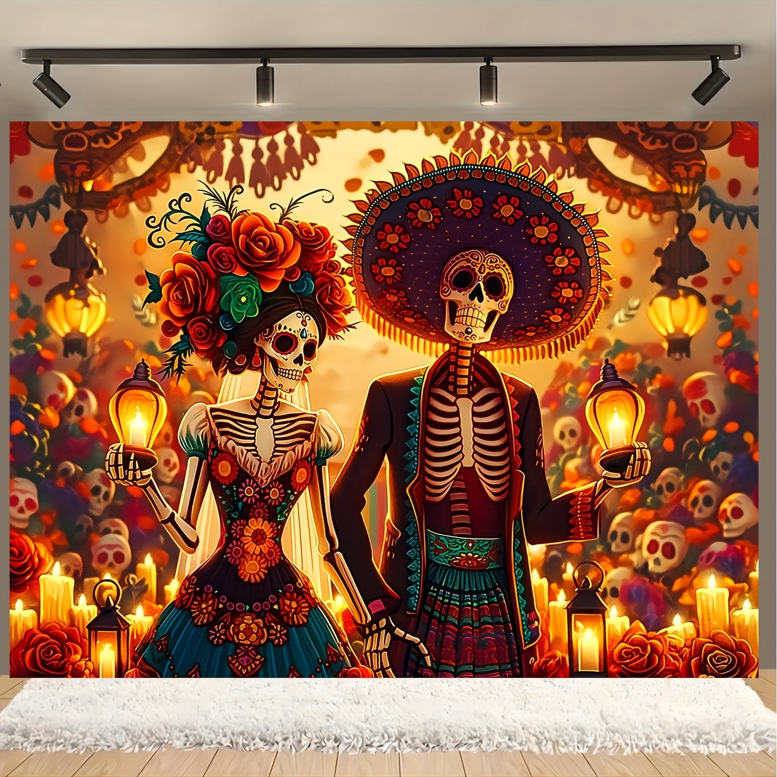 Day of the Dead Fiesta Tapestry - Vibrant Sugar Skull & Floral Design ...