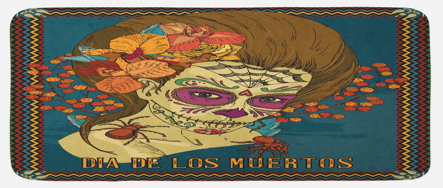 Day of the Dead Kitchen Mat, Dia de Los Muertos Skull Girl with Roses ...