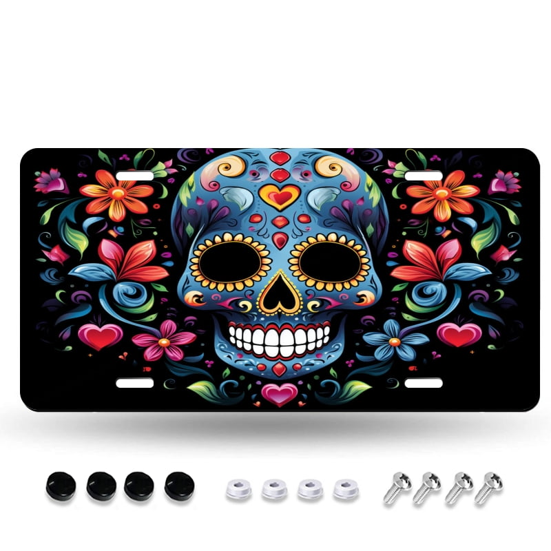 Day of The Dead Skull with Colorful Flowers and Hearts License Plate ...