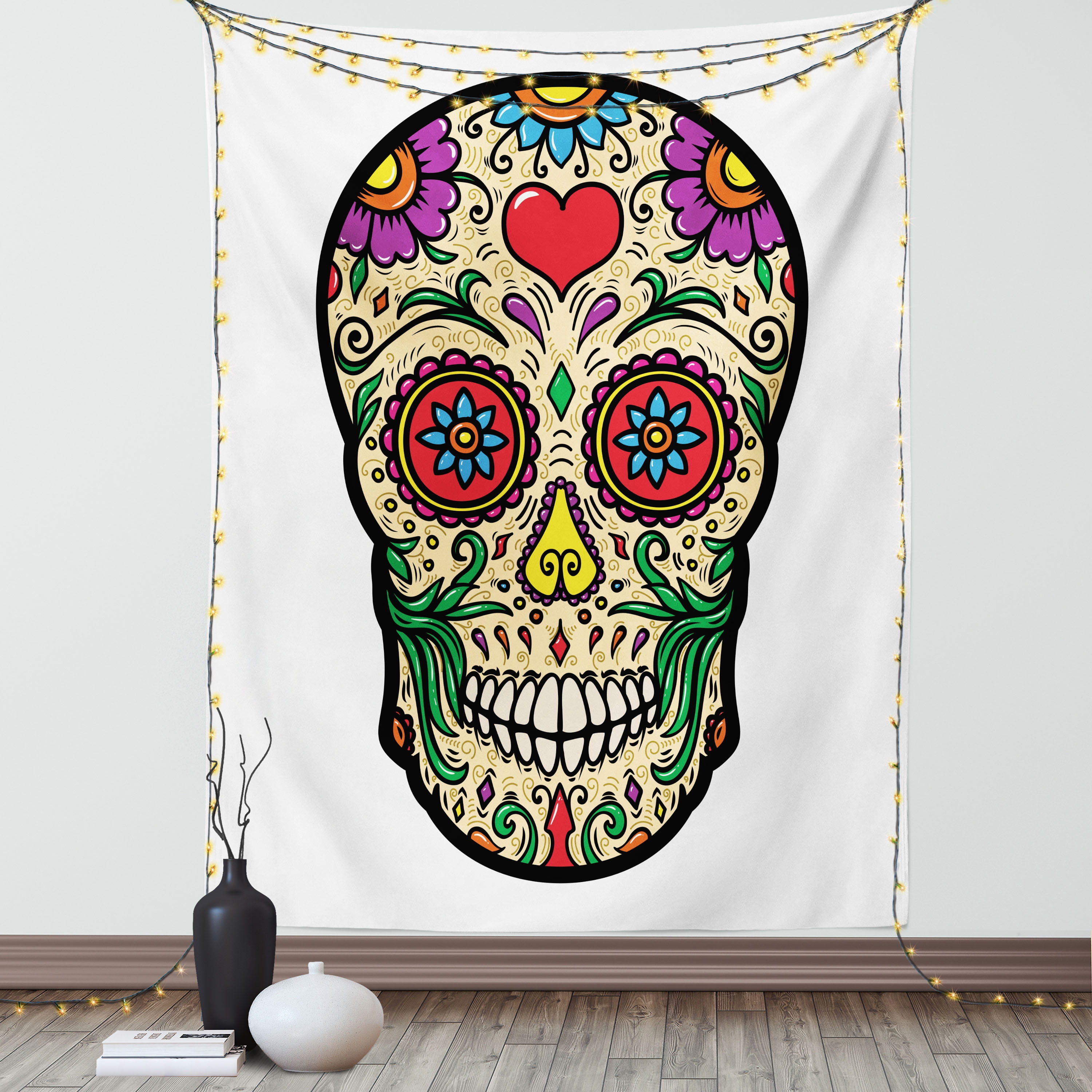 Day of the Dead Tapestry, Vibrant Jumble Ornamental Sugar Skull with ...
