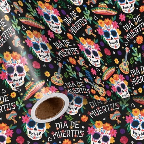Day of the Dead Wrapping Paper Roll, Colorful Sugar Skulls Maracas ...