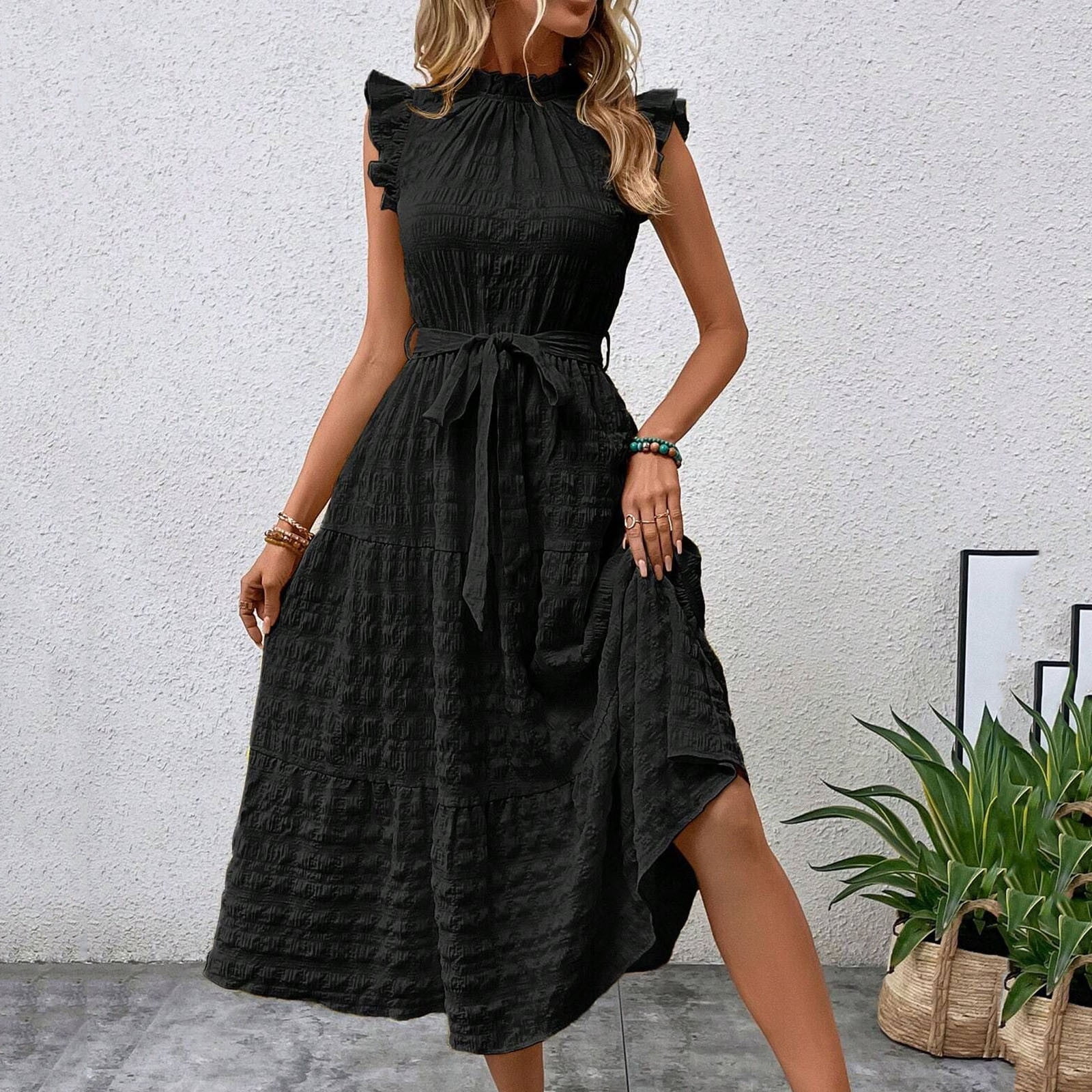 Xdegoge Sun Dresses for Women 2025 Vacation Halter Ruffle Tiered Flowy ...