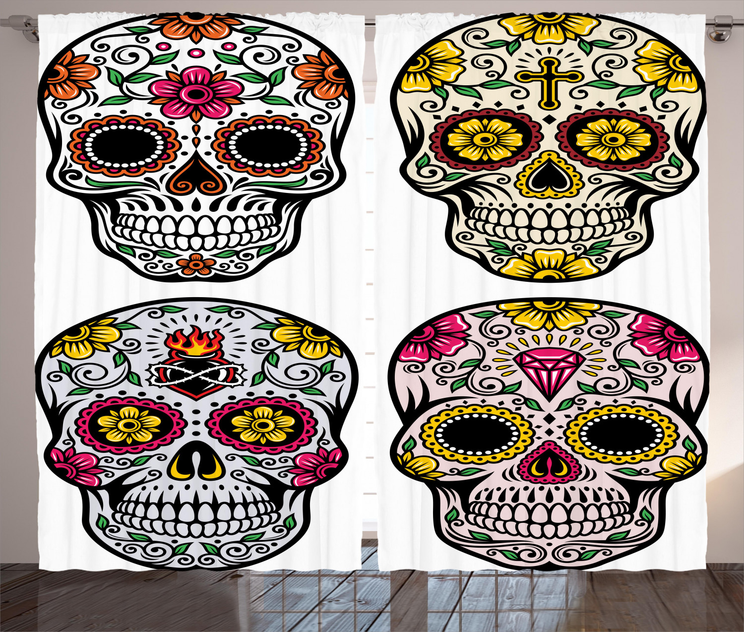 Ambesonne Colorful Curtains 2 Panel Set, Skull Celebration, 108" x 96 ...