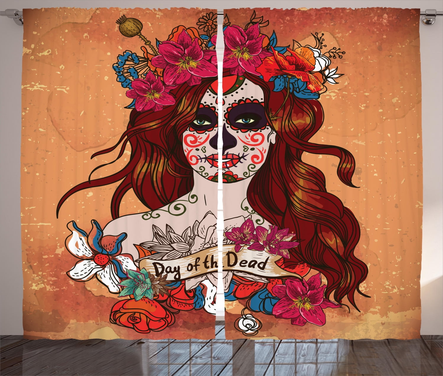 Ambesonne Colorful Curtains 2 Panel Set, Mexican Skull, 108" x 108 ...