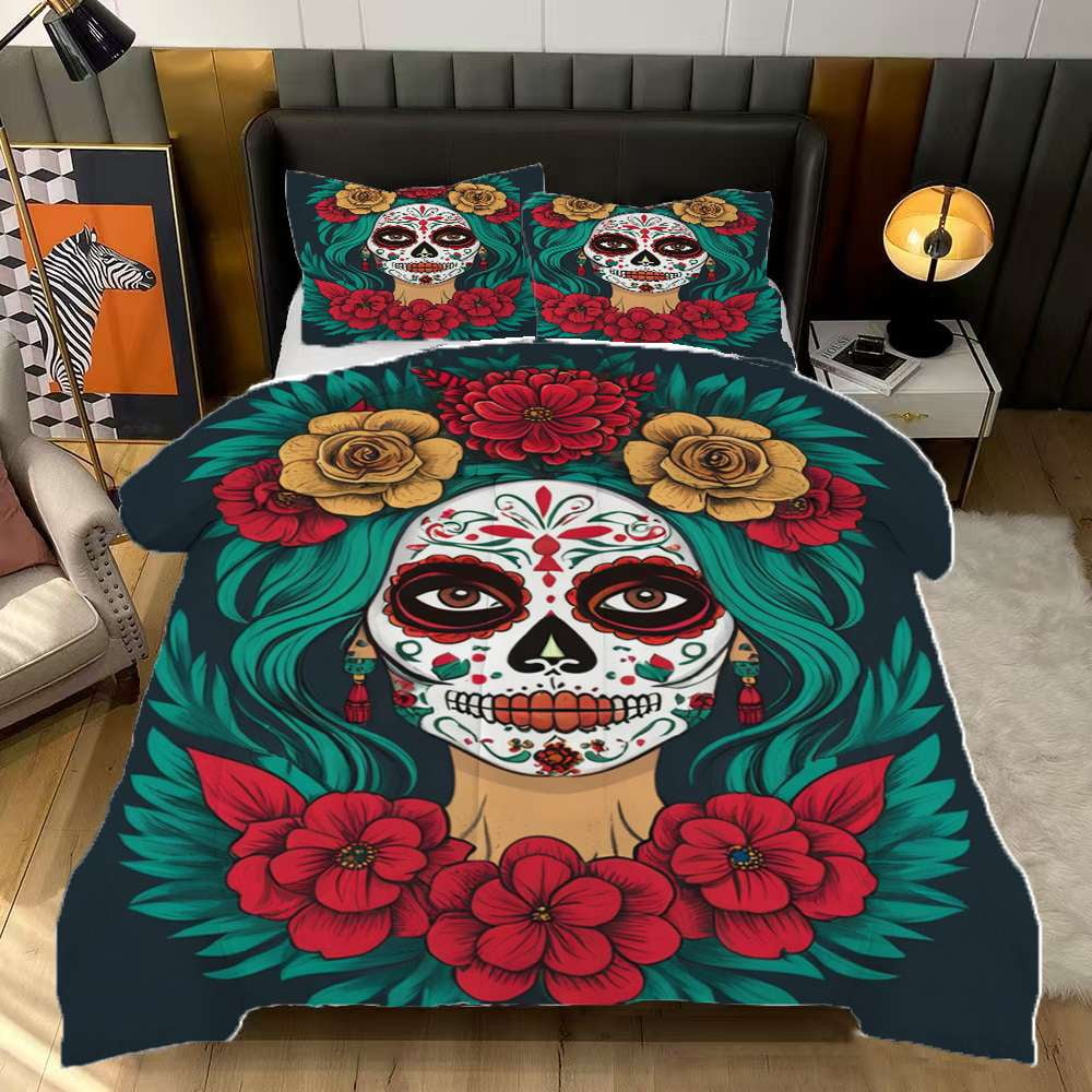 Day Of The Dead Floral Skull Comforter Set Full Size Bedding Set For ...
