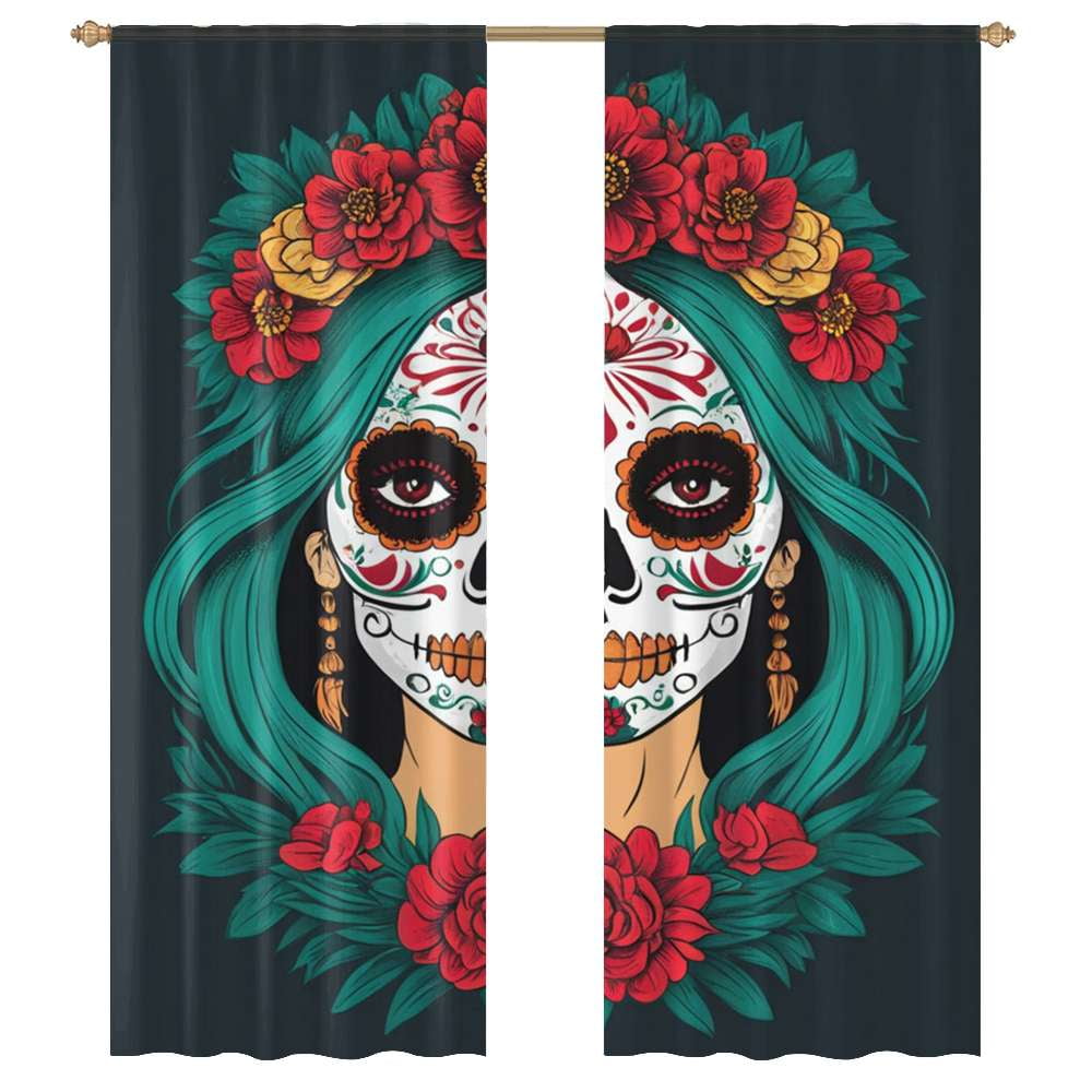Day Of The Dead Floral Skull Modern Tulle Window Curtains for Living ...