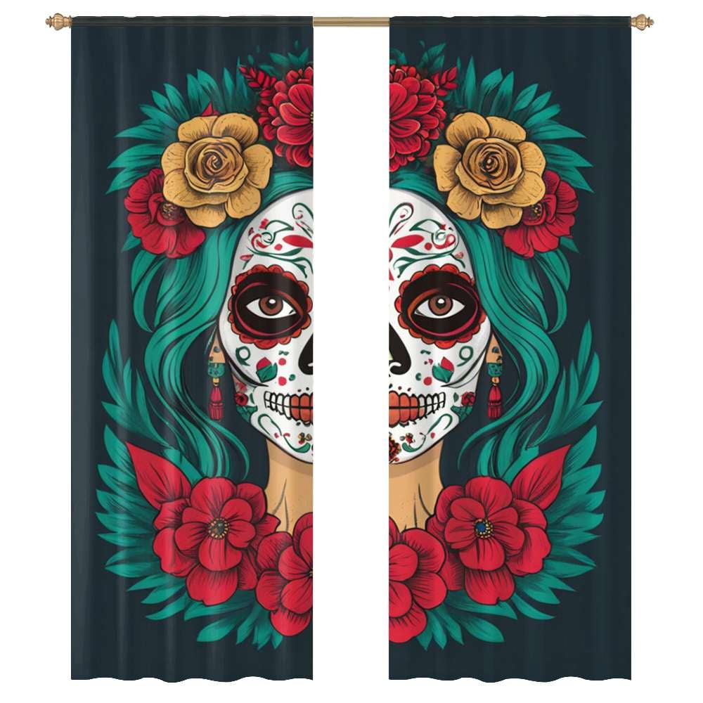 Day Of The Dead Floral Skull Sheer Voile Curtain Window Tulle Curtains ...
